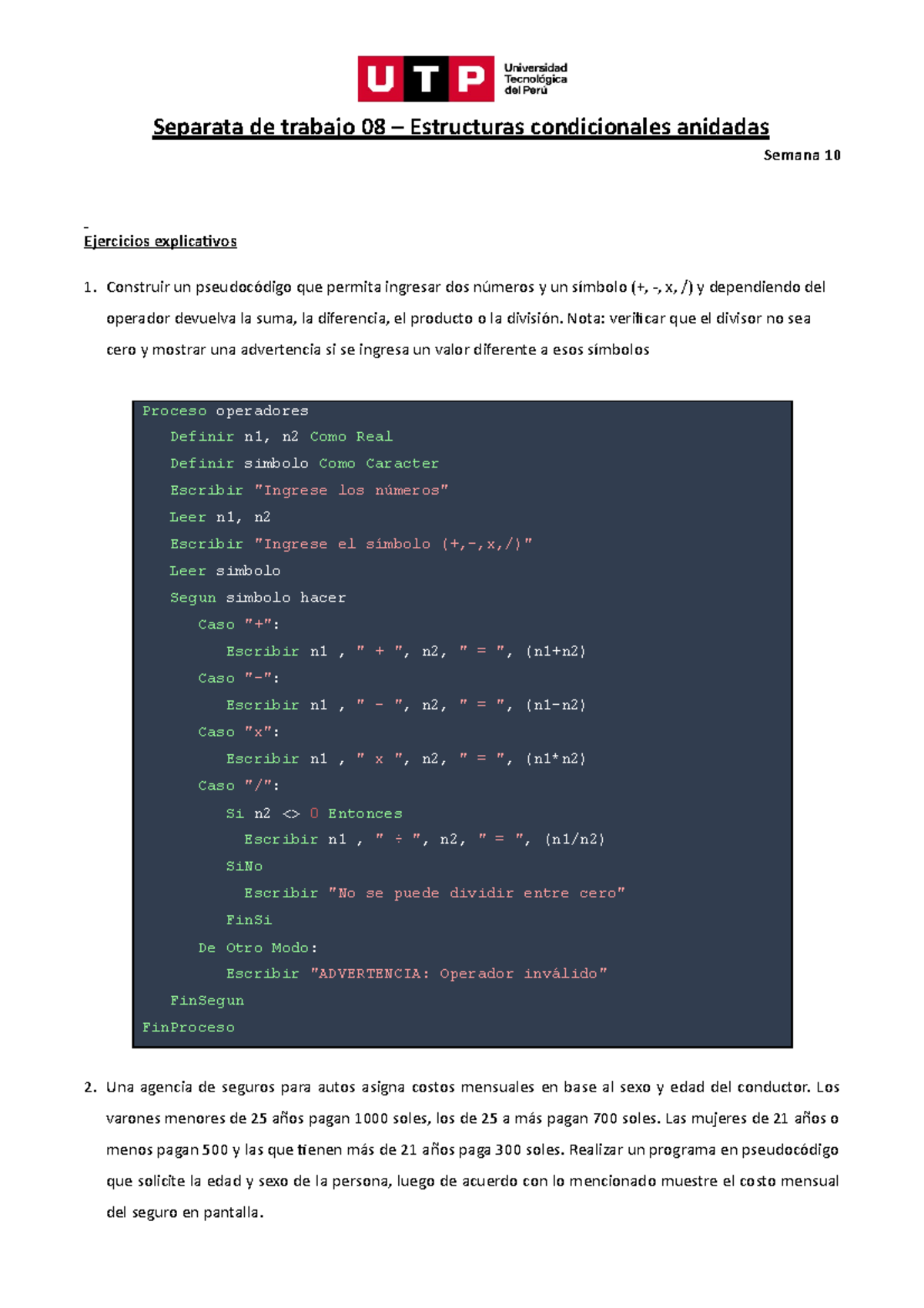 Separata 08 Unidad 02 - estructura condicional anidada - Separata de ...