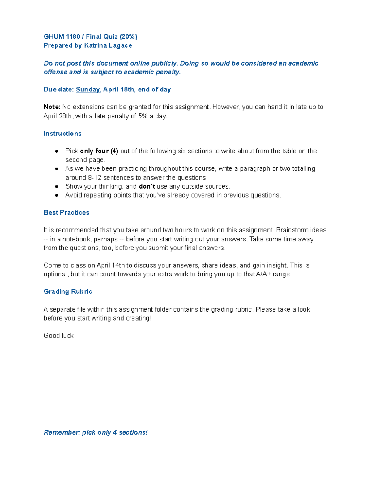 GHUM 1180 202002 Final Quiz - GHUM 1180 / Final Quiz (20%) Prepared by ...