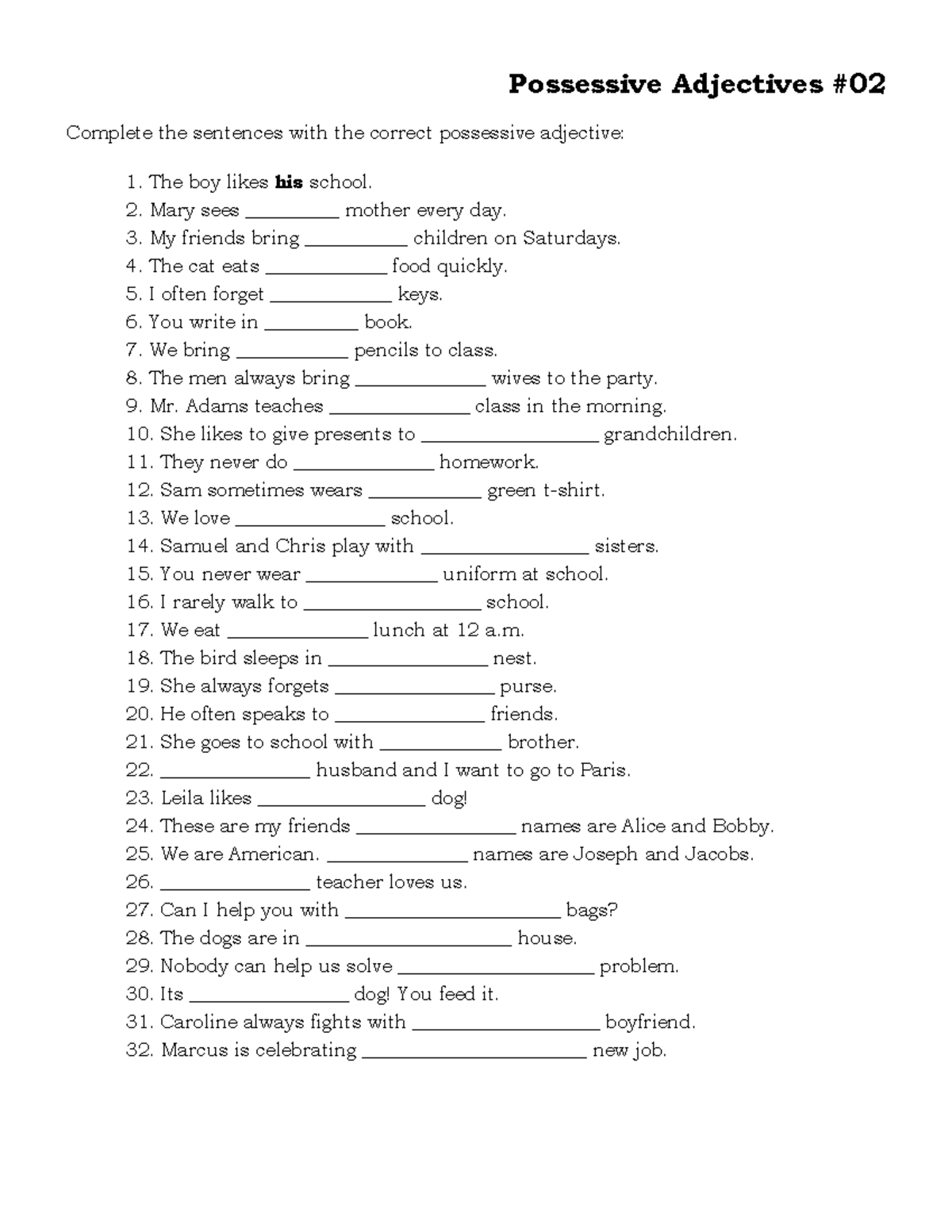 Possessive-Adjectives-02 - Possessive Adjectives Complete the sentences ...