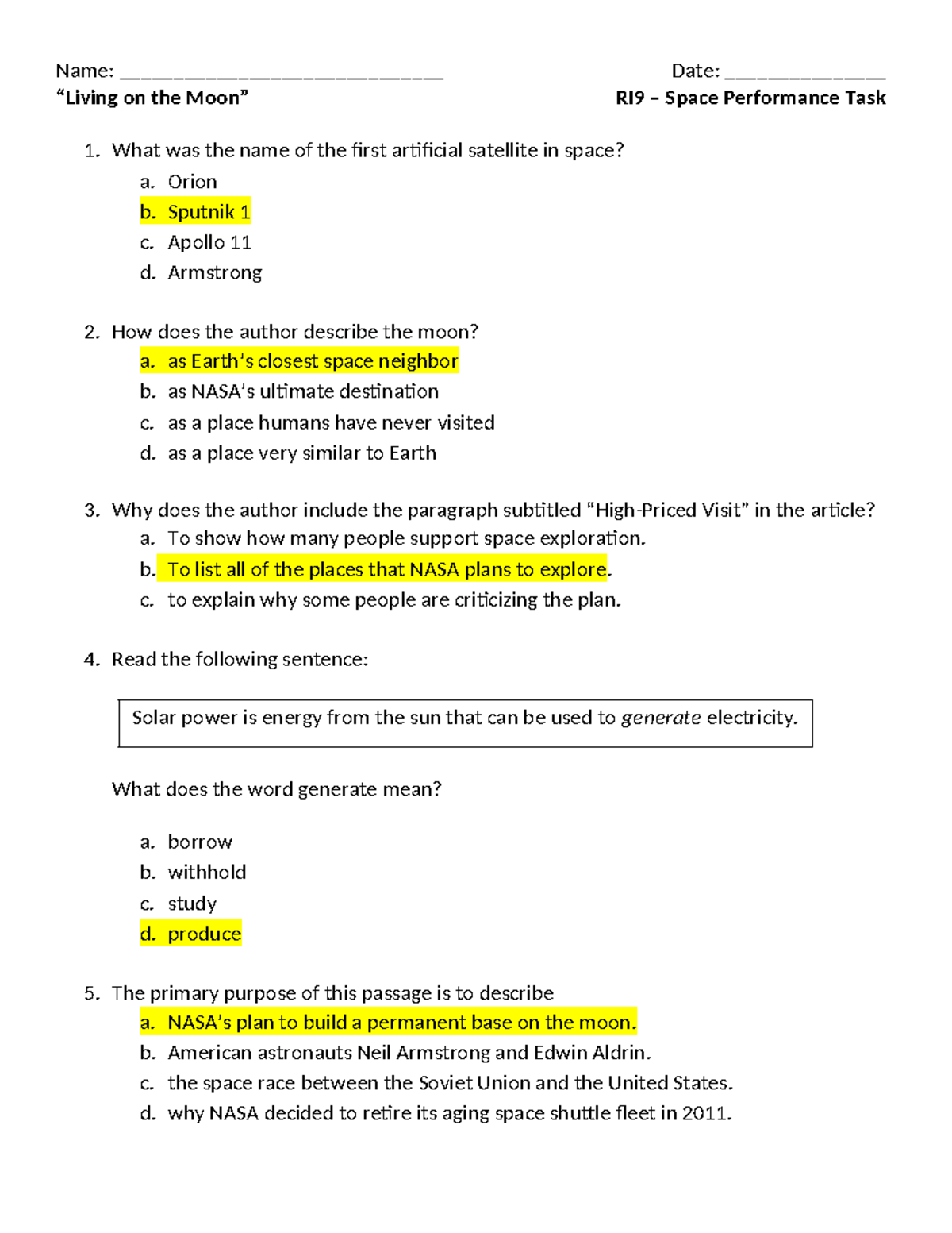 Copy of Living on the Moon Questions - Name ...