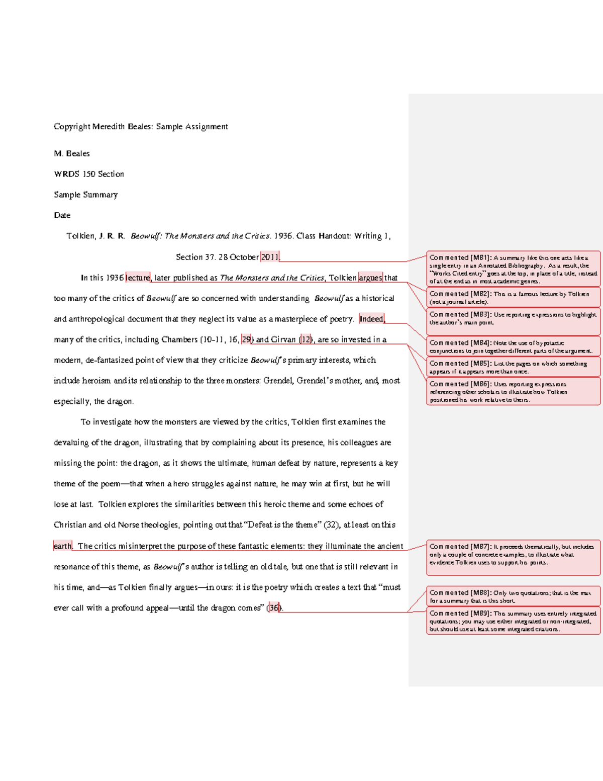 Sample Summary Tolkien with comments - Copyright Meredith Beales ...