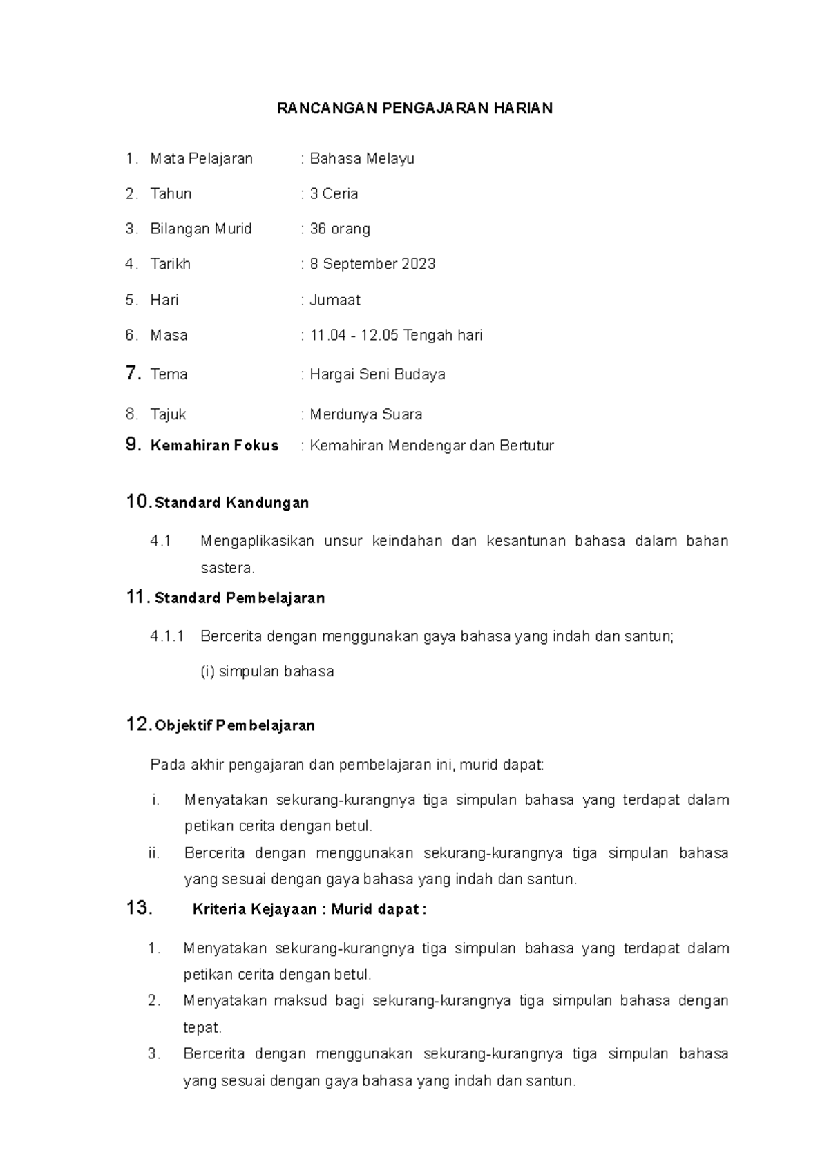 8.9.2023 (Extra file) - rph - RANCANGAN PENGAJARAN HARIAN 1. Mata ...