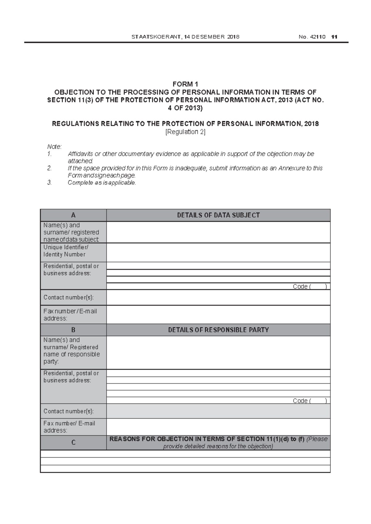 Popia regulations Form 1 2 - STAATSKOERANT, 14 DESEMBER 2018 No. 42110 ...