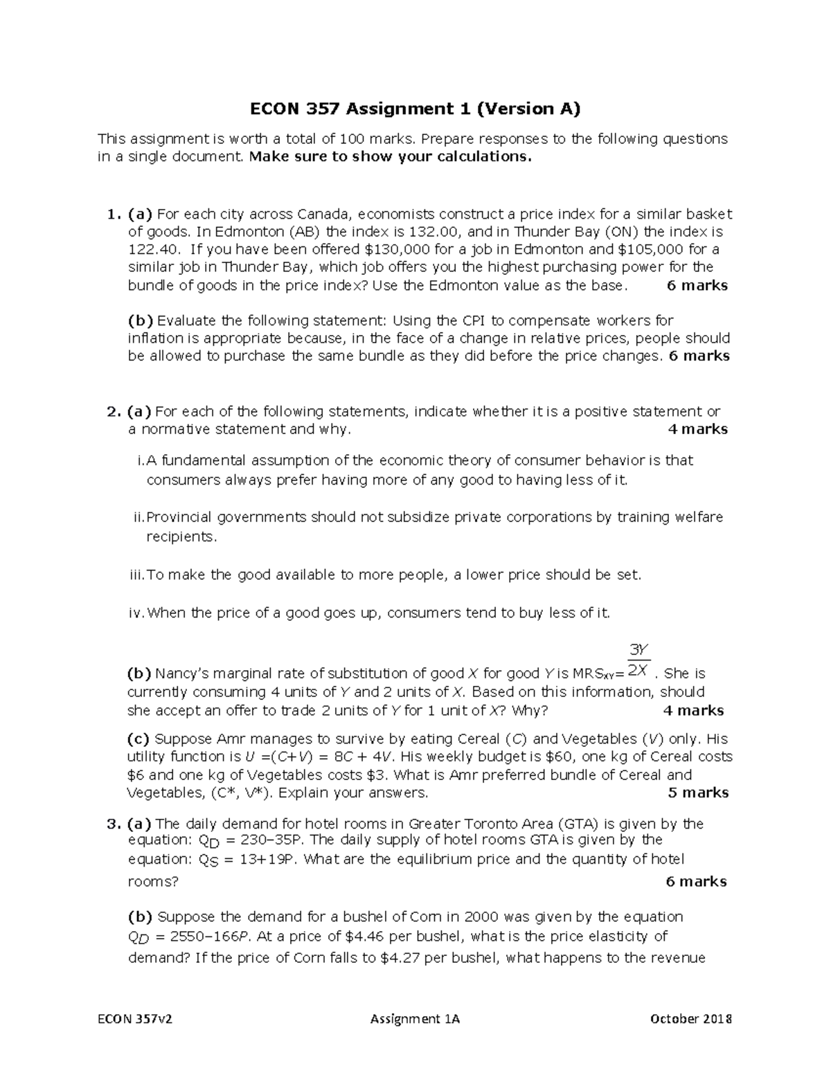 ECON 357v2 Assignment 1A Oct2018 - ECON 357 Assignment 1 (Version A ...