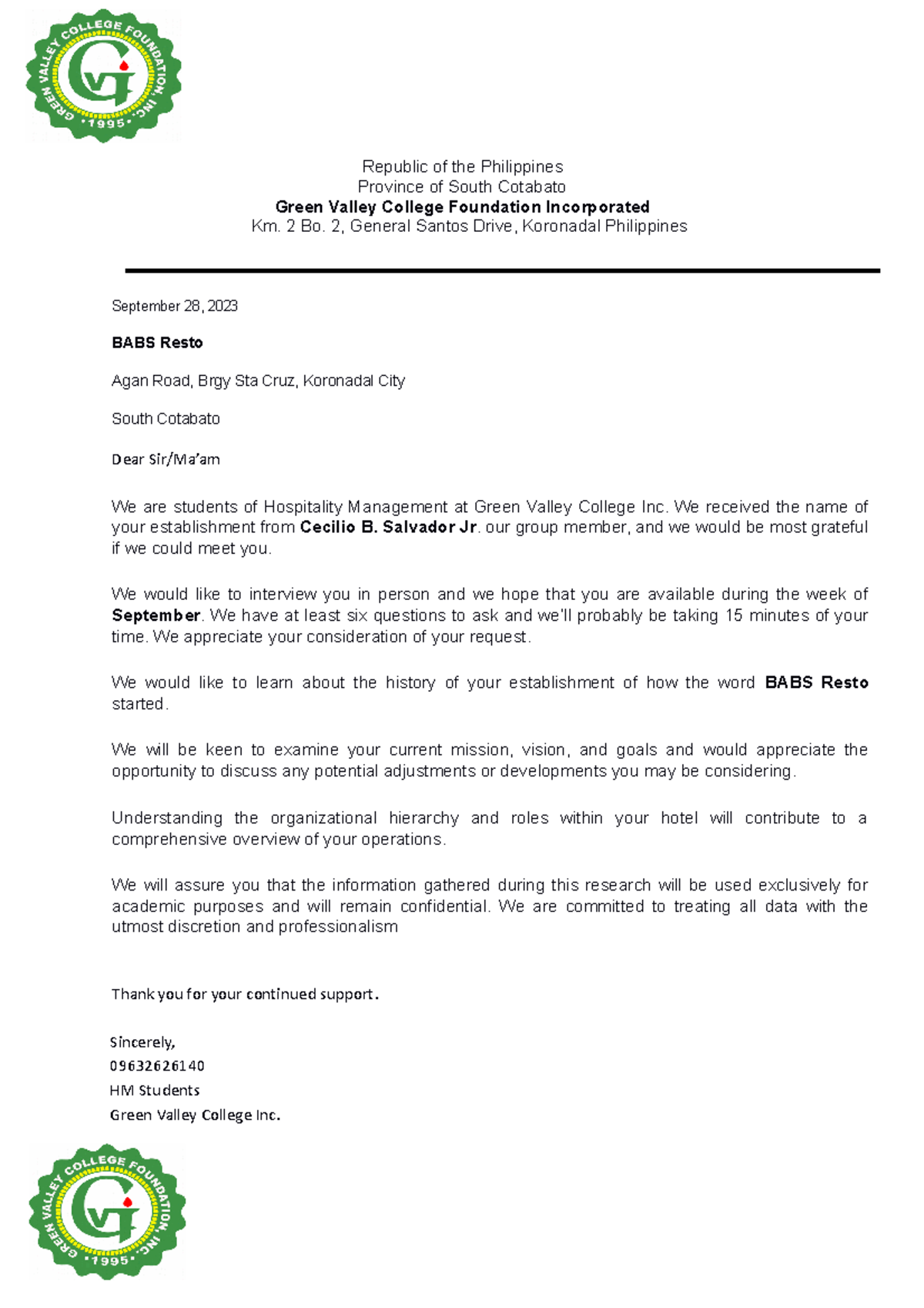 Letter- HM Students to Babs resto - Republic of the Philippines ...