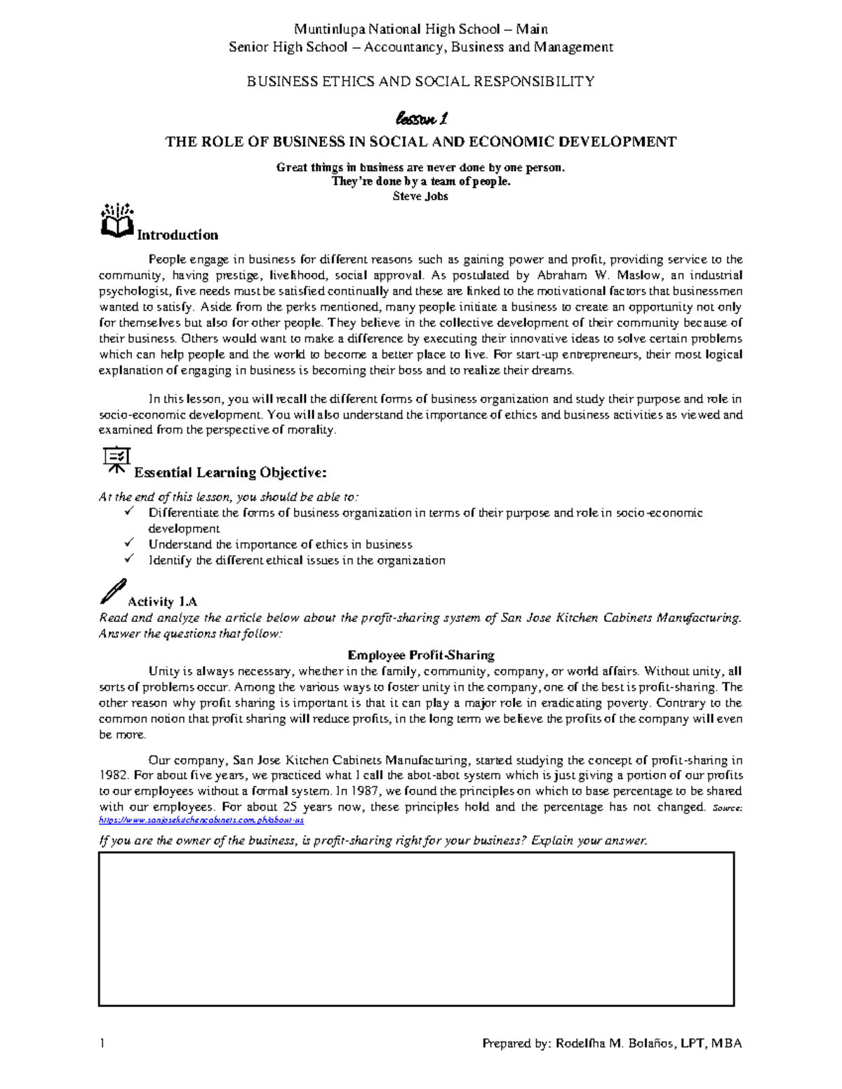 Lesson 1 - The Role of Business in Social and Economic Development ...