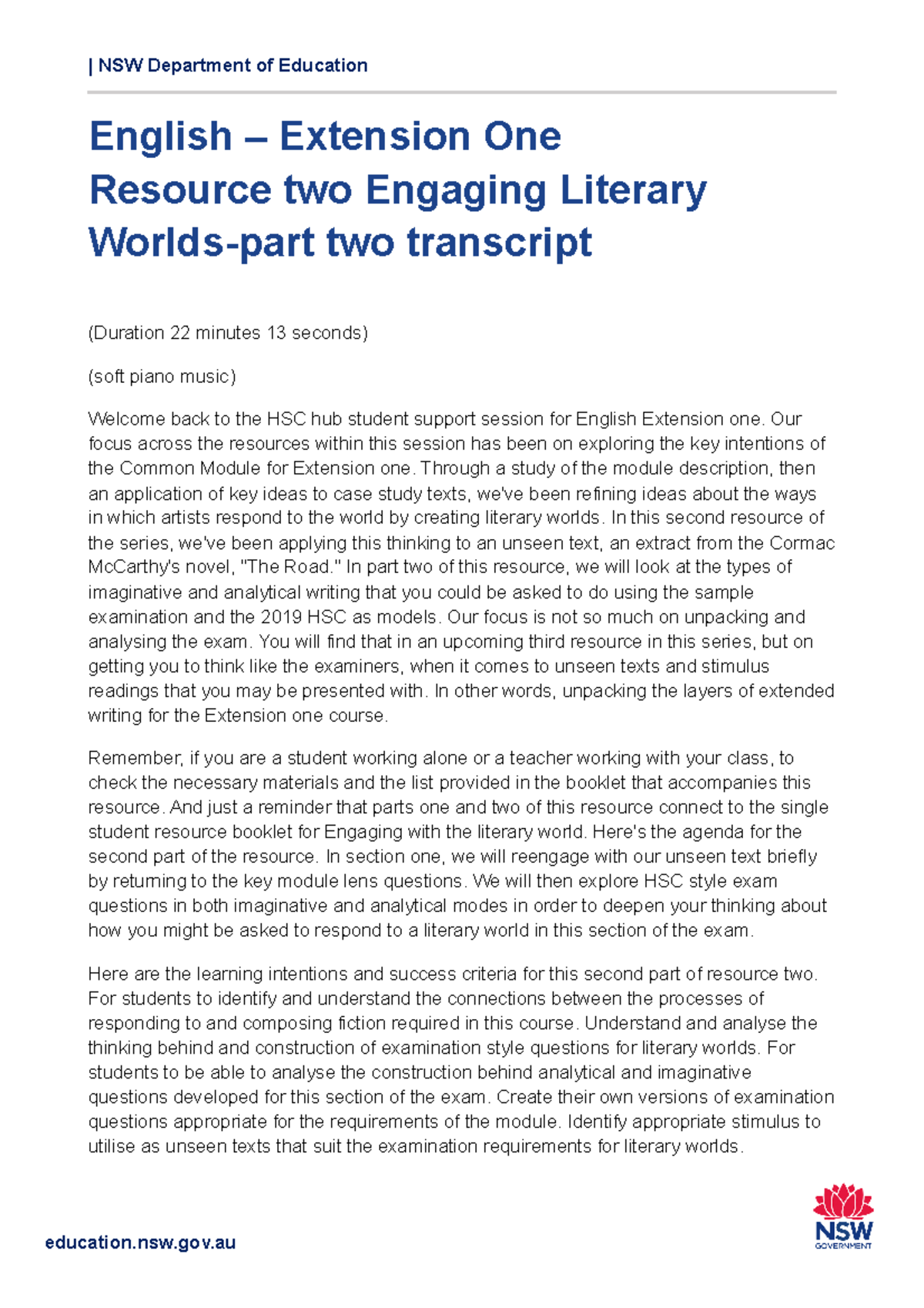 English Extension 1 Resource 2 Engaging Literary Worlds Part 2