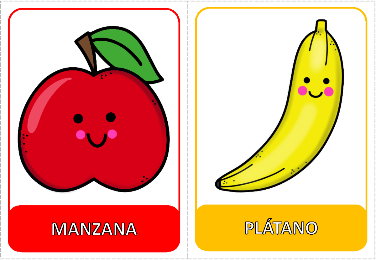 Flash Cards frutas y verduras - Desarrollo personal - MANZANA PLÁTANO NARANJA DURAZNO FRESA ...