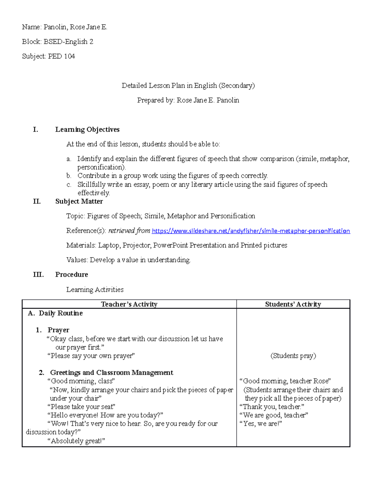 Detailed Lesson Plan Simile and Metaphor - Name: Panolin, Rose Jane E ...