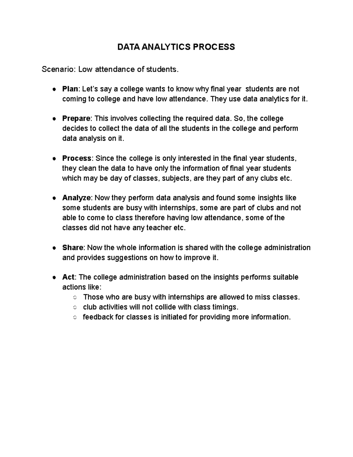 DATA Analytics Process - DATA ANALYTICS PROCESS Scenario: Low attendance of students. Plan: Let ...