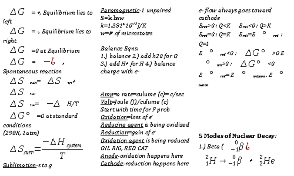 Chemistry 233 Midterm 2 Notecard - G Equilibrium lies to left G ...