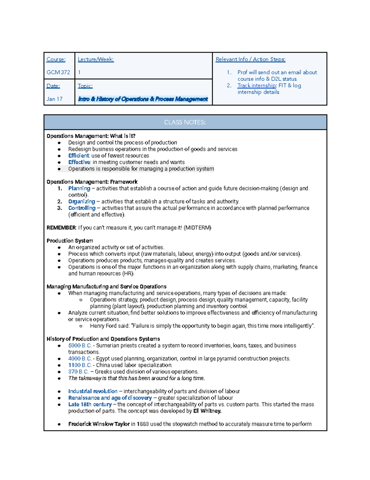 Week 1 Intro & History of Operations & Process Management - Course: GCM ...