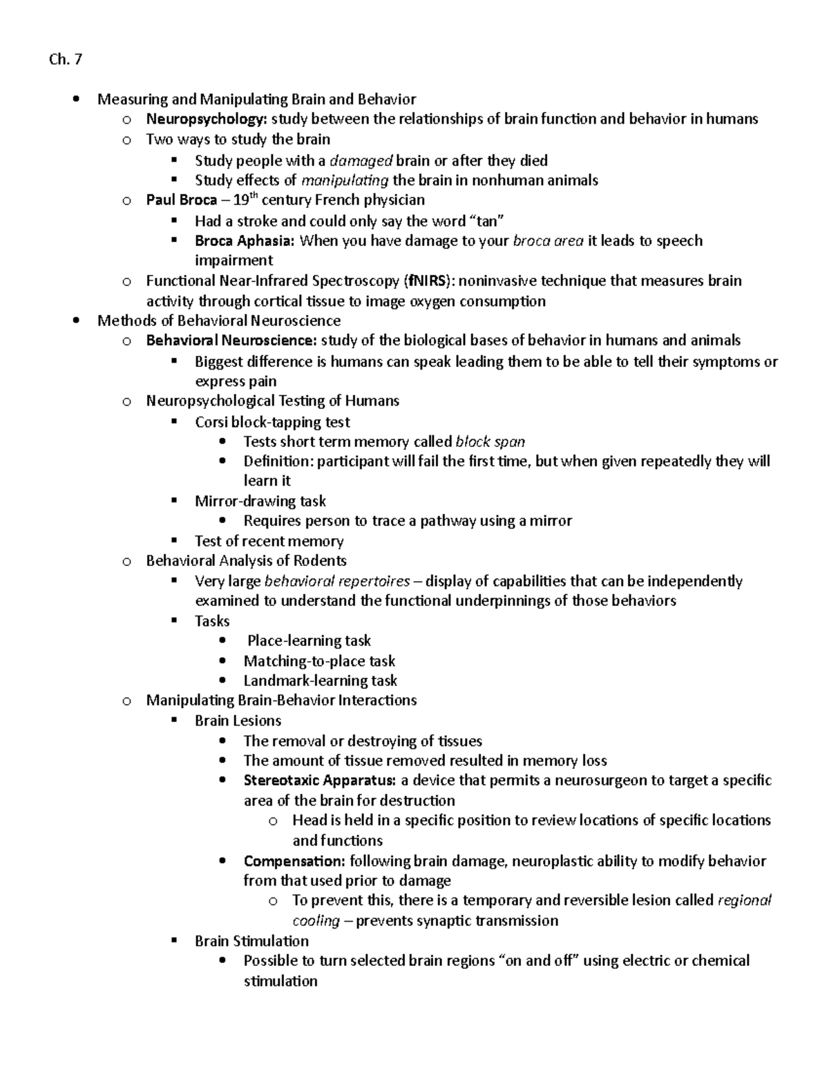 PSYCH 260 exam 2 study guide - Ch. 7 Measuring and Manipulating Brain and Behavior o - Studocu