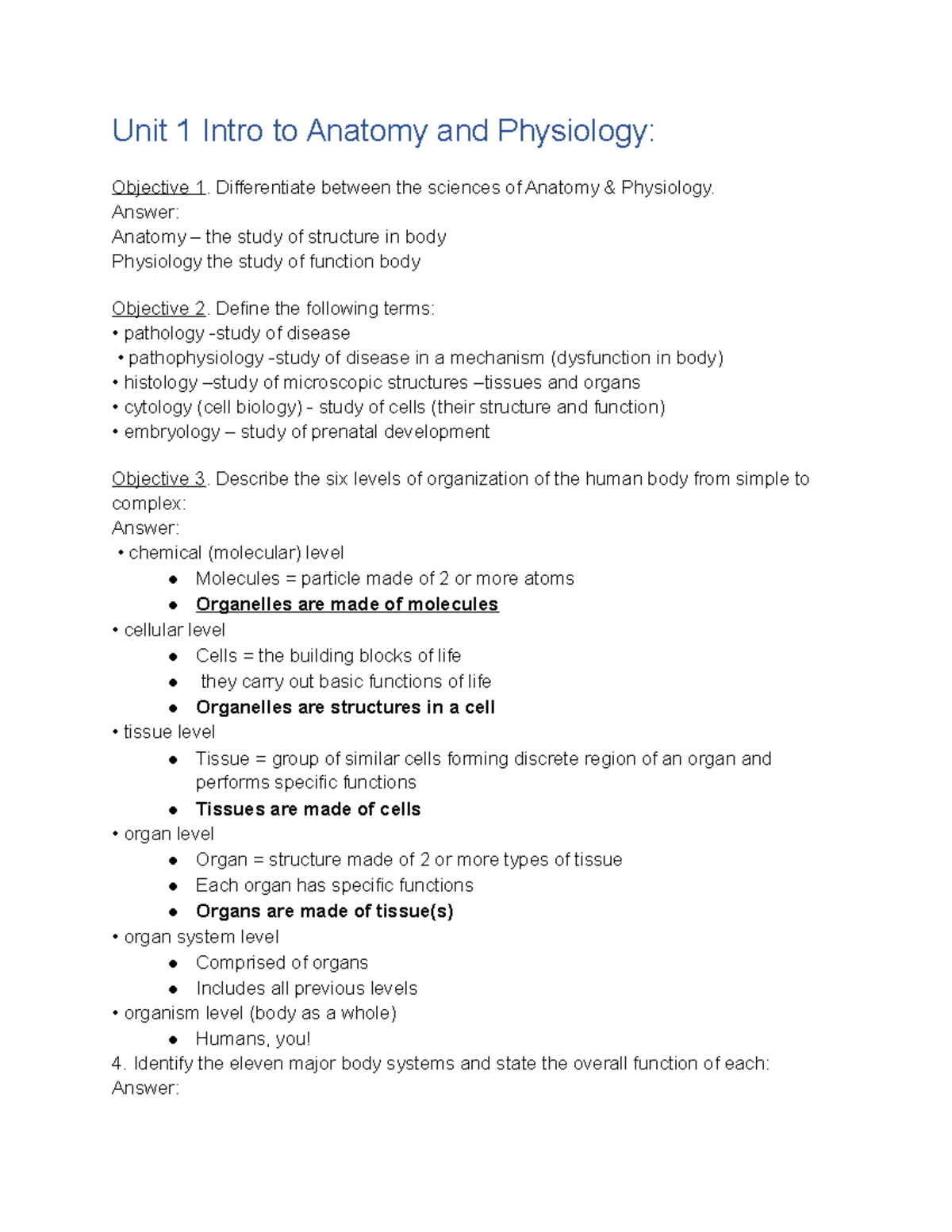 ANAT 1052 Lectures - Unit 1 Intro to Anatomy and Physiology: Objective ...