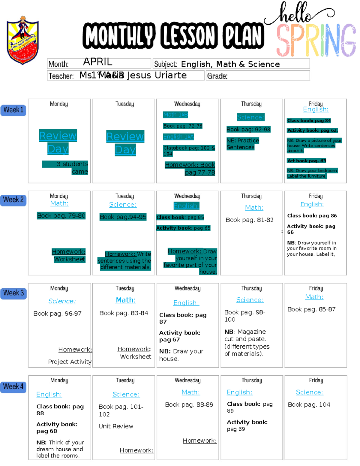 April Lesson Plan - nada - Review Day 3 students came Math 1ºB Book pag ...