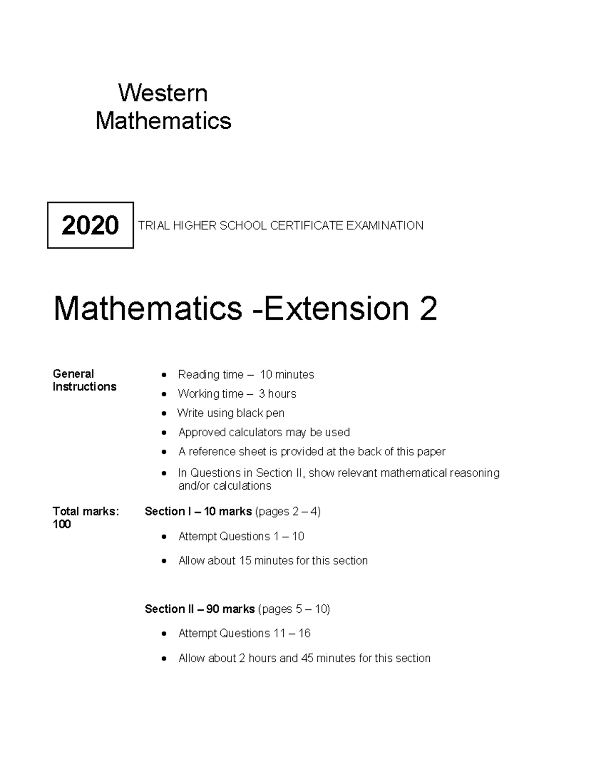 4U WME 2020 with Sols - Extension 2 Trial Paper - Warning: TT ...