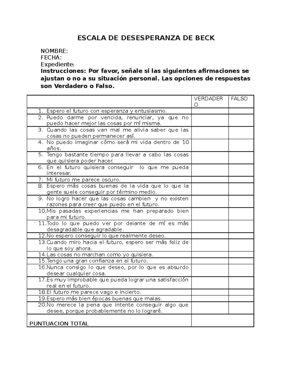 Escala DE Desesperanza DE BECK - ESCALA DE DESESPERANZA DE BECK NOMBRE ...