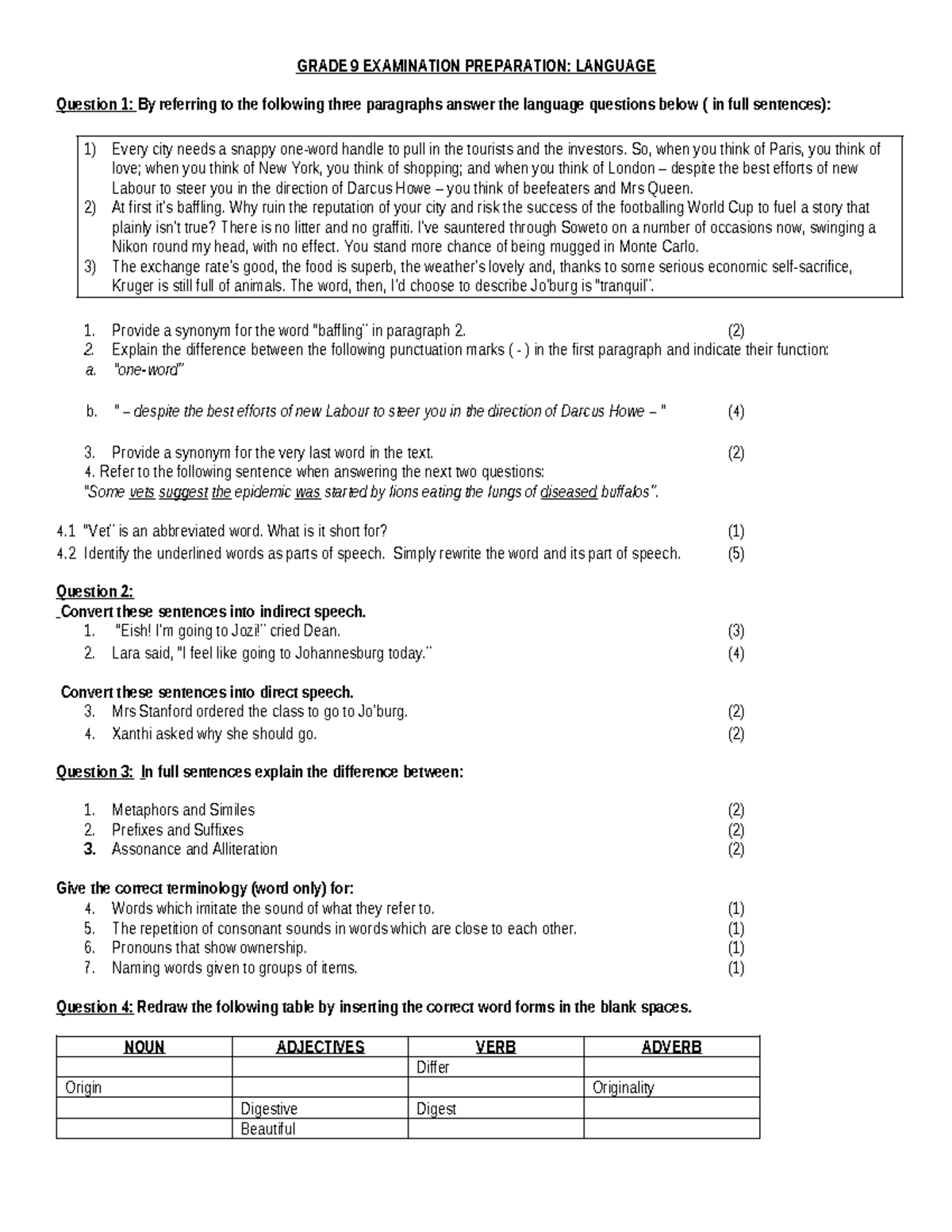 Grade 9 EXAM PREP Language - GRADE 9 EXAMINATION PREPARATION: LANGUAGE ...