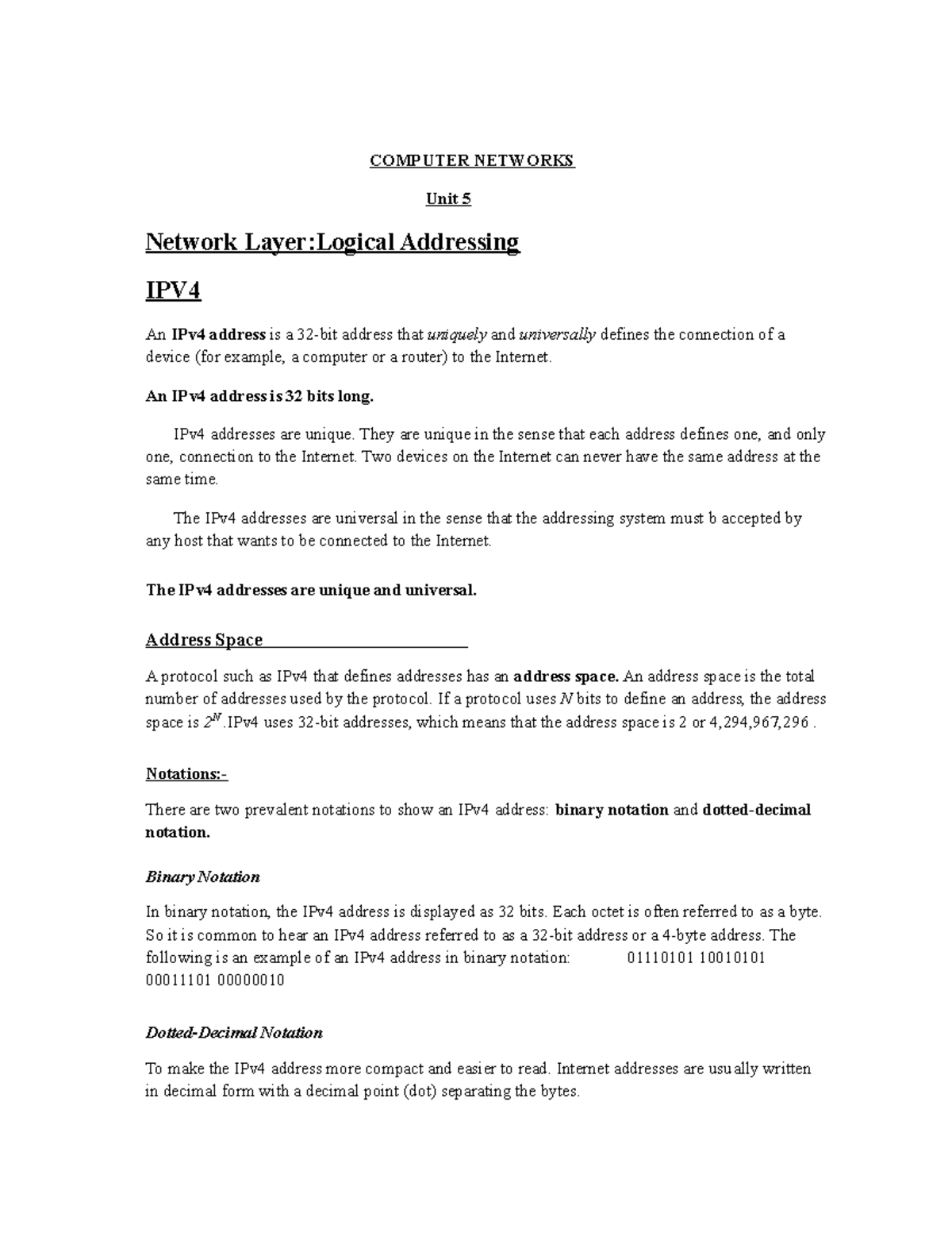 Referal notes 5 - lecture note - COMPUTER NETWORKS Unit 5 Network Layer ...