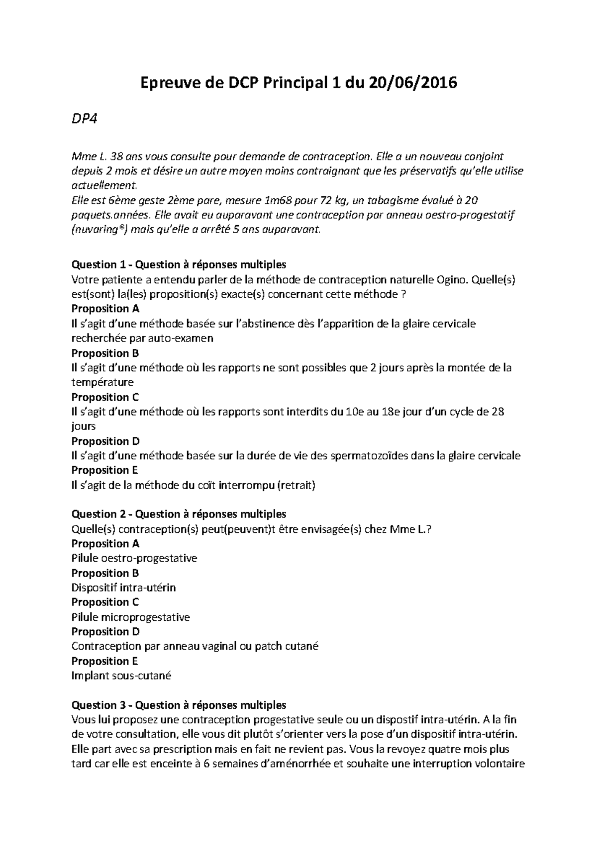Examen 8 Avril 2016, questions - Epreuve de DCP Principal 1 du 20/06 ...