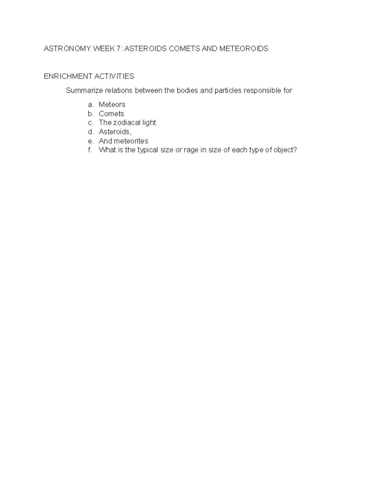 General Science - ASTRONOMY WEEK 7: ASTEROIDS COMETS AND METEOROIDS ...