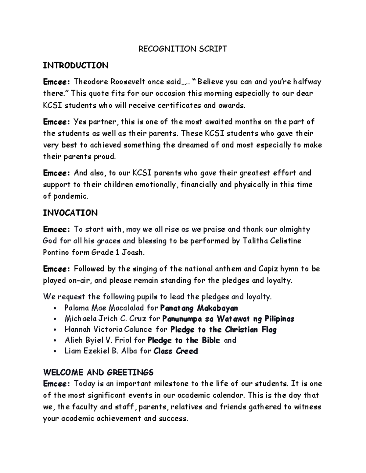 Recogggg - RECOGNITION SCRIPT INTRODUCTION Emcee: Theodore Roosevelt ...