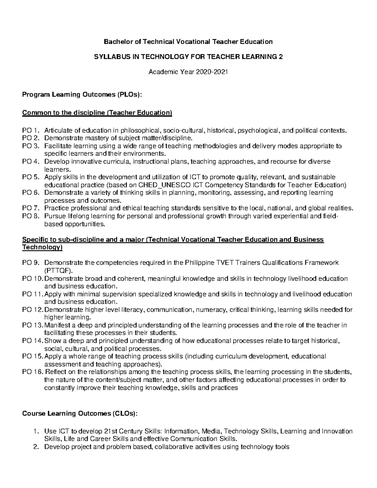 Course Outline-TTL 2B - Bachelor of Technical Vocational Teacher ...