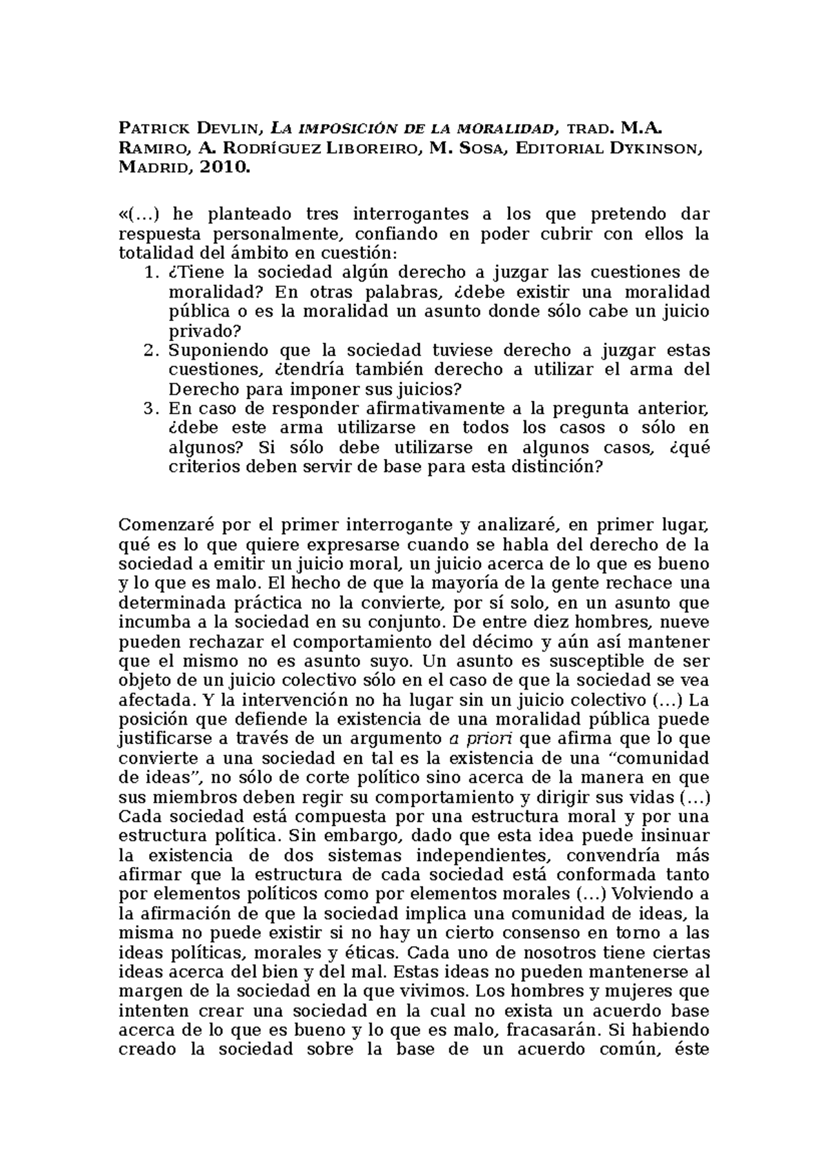 Patrick Devlin - PATRICK DEVLIN, LA IMPOSICIÓN DE LA MORALIDAD, TRAD. M ...