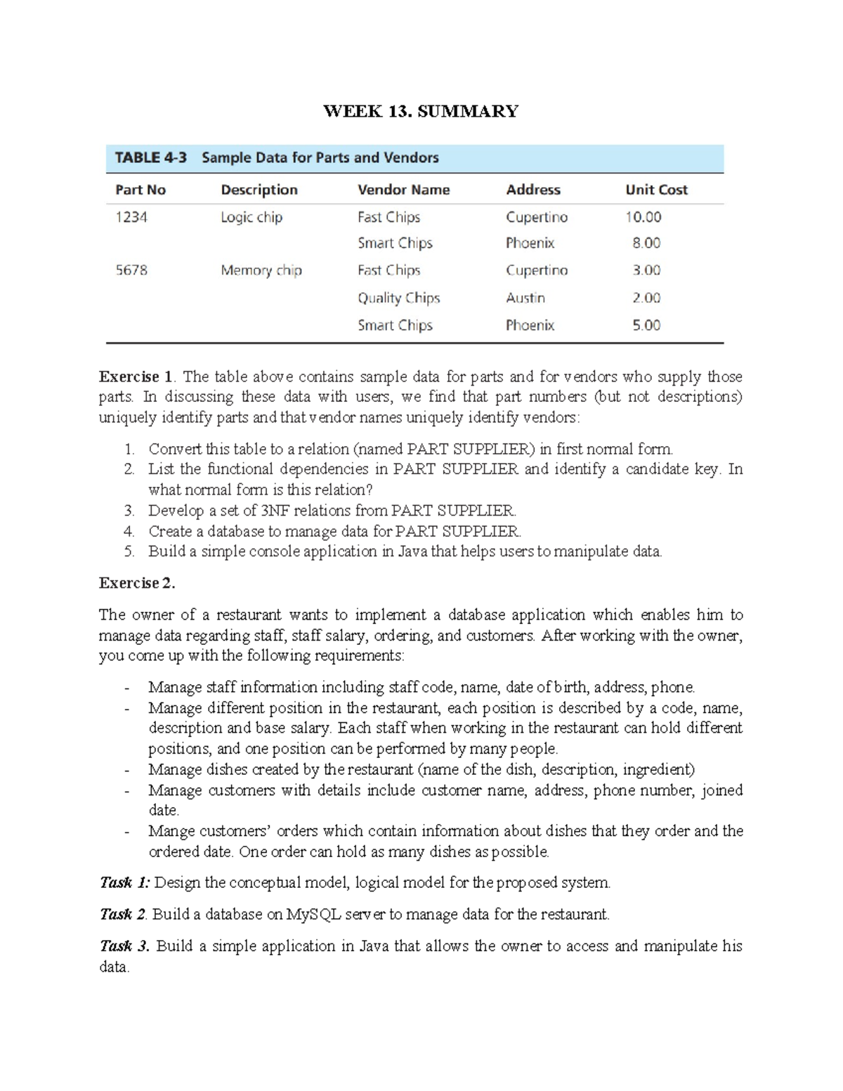 Summary - WEEK 13. SUMMARY Exercise 1. The table above contains sample ...
