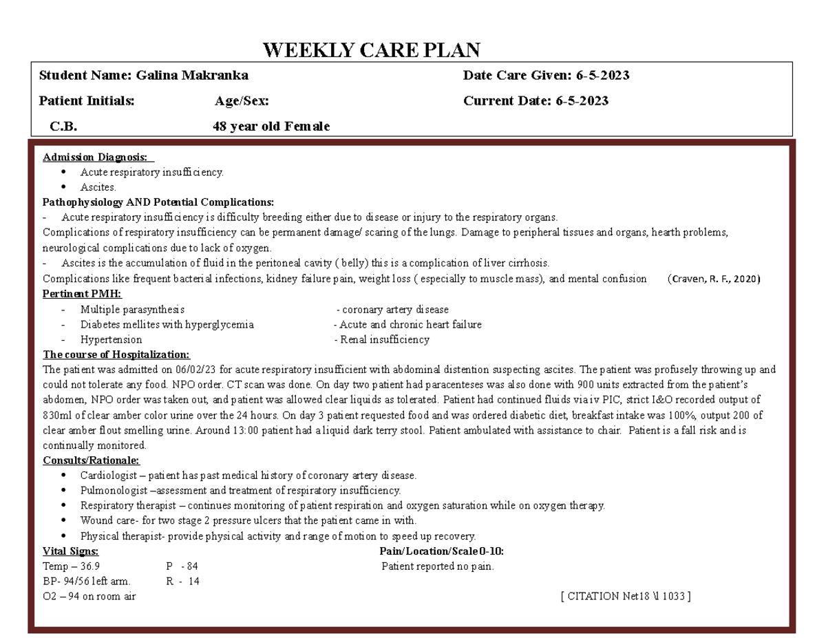 Weekly care plan#1 - WEEKLY CARE PLAN Student Name: Galina Makranka ...