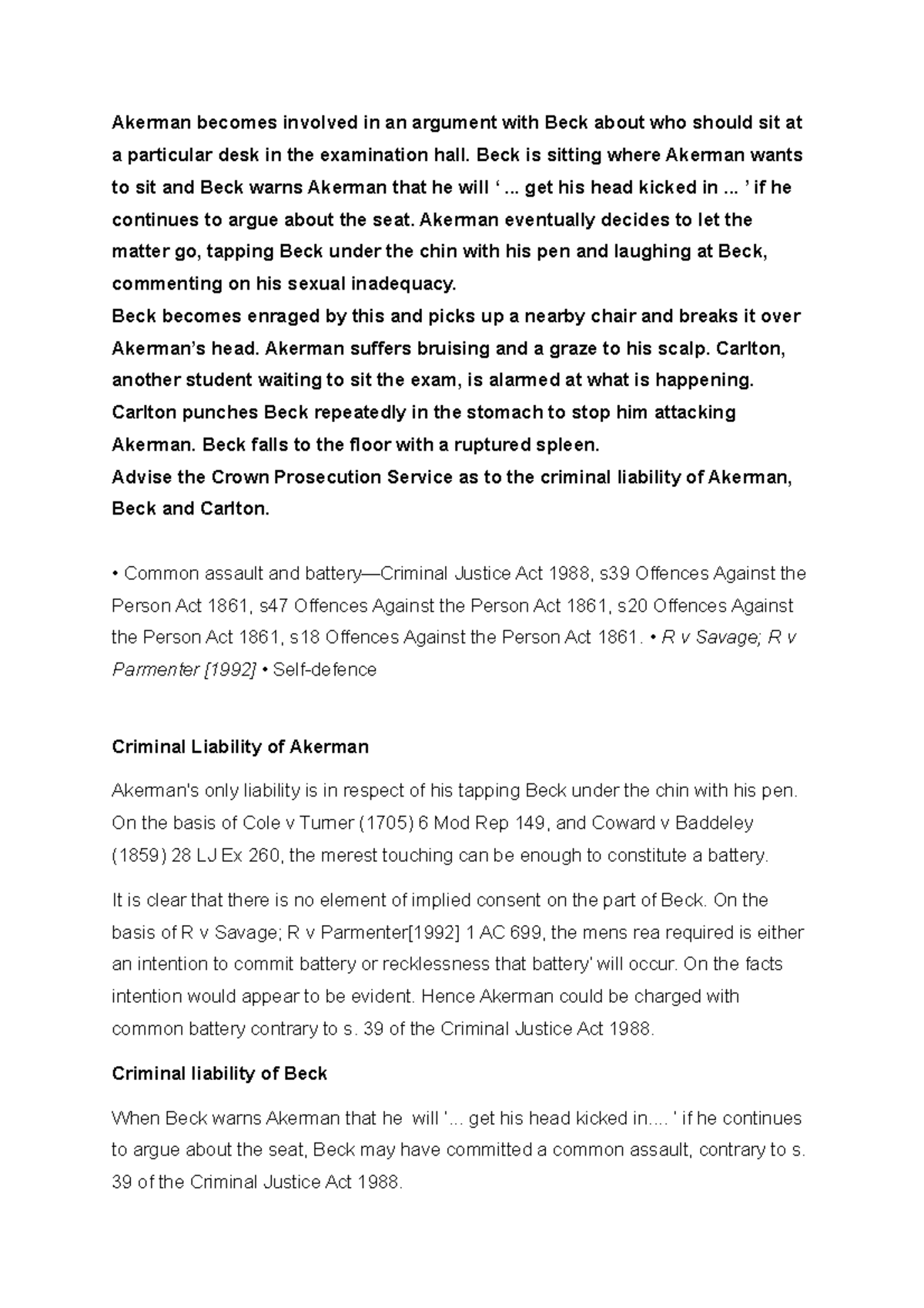 Problem Question and Model Answer - Akerman becomes involved in an ...