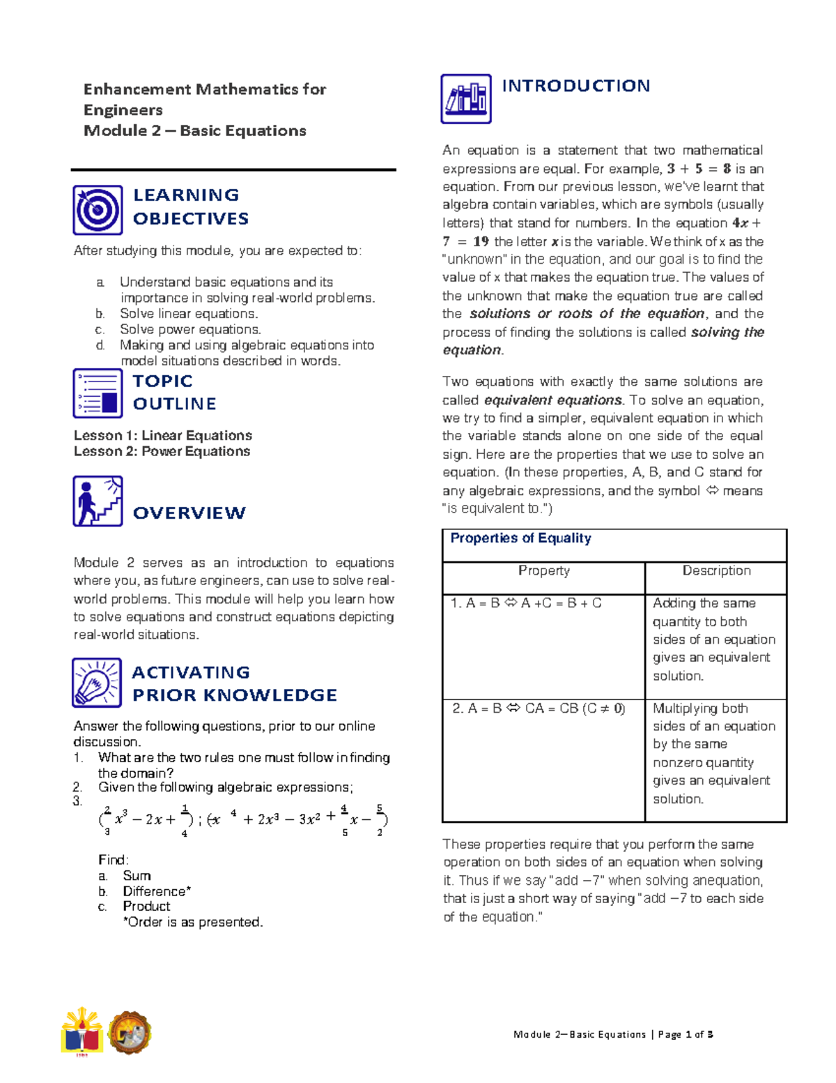 Module 2 - Enhancement Mathematics for Engineers - Module 2– Basic ...