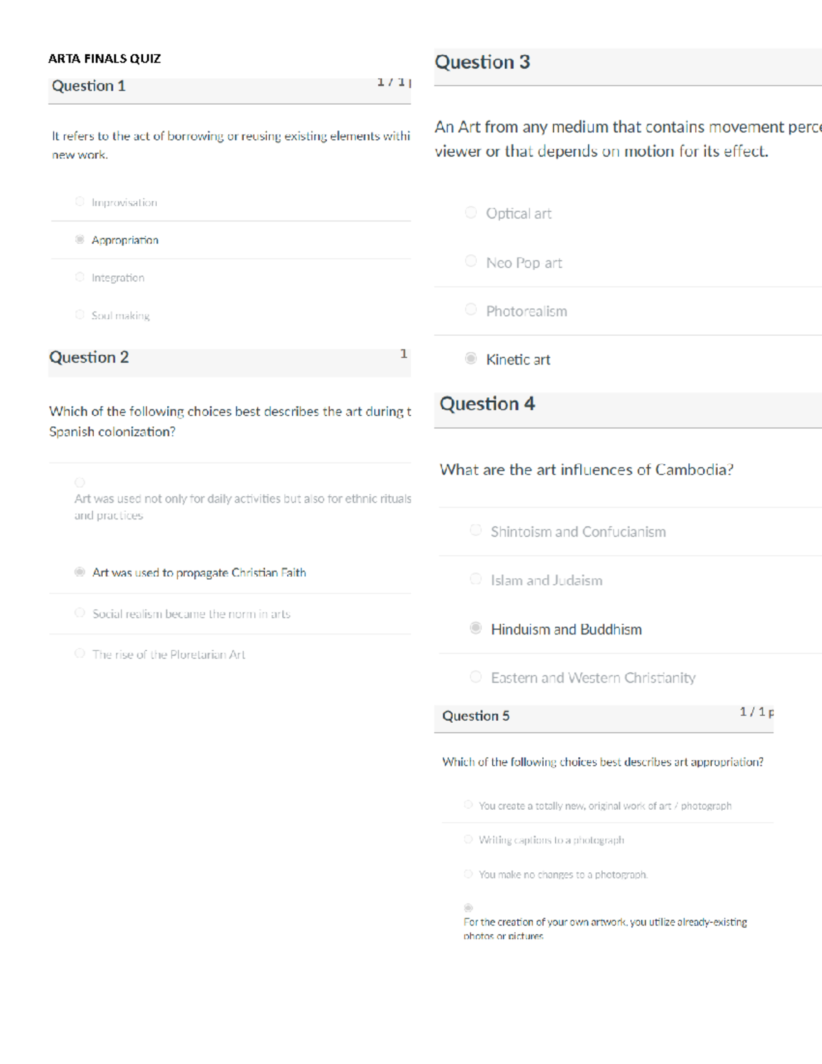 ARTA Finals QUIZ - Art Appreciation - ARTA FINALS QUIZ - Studocu