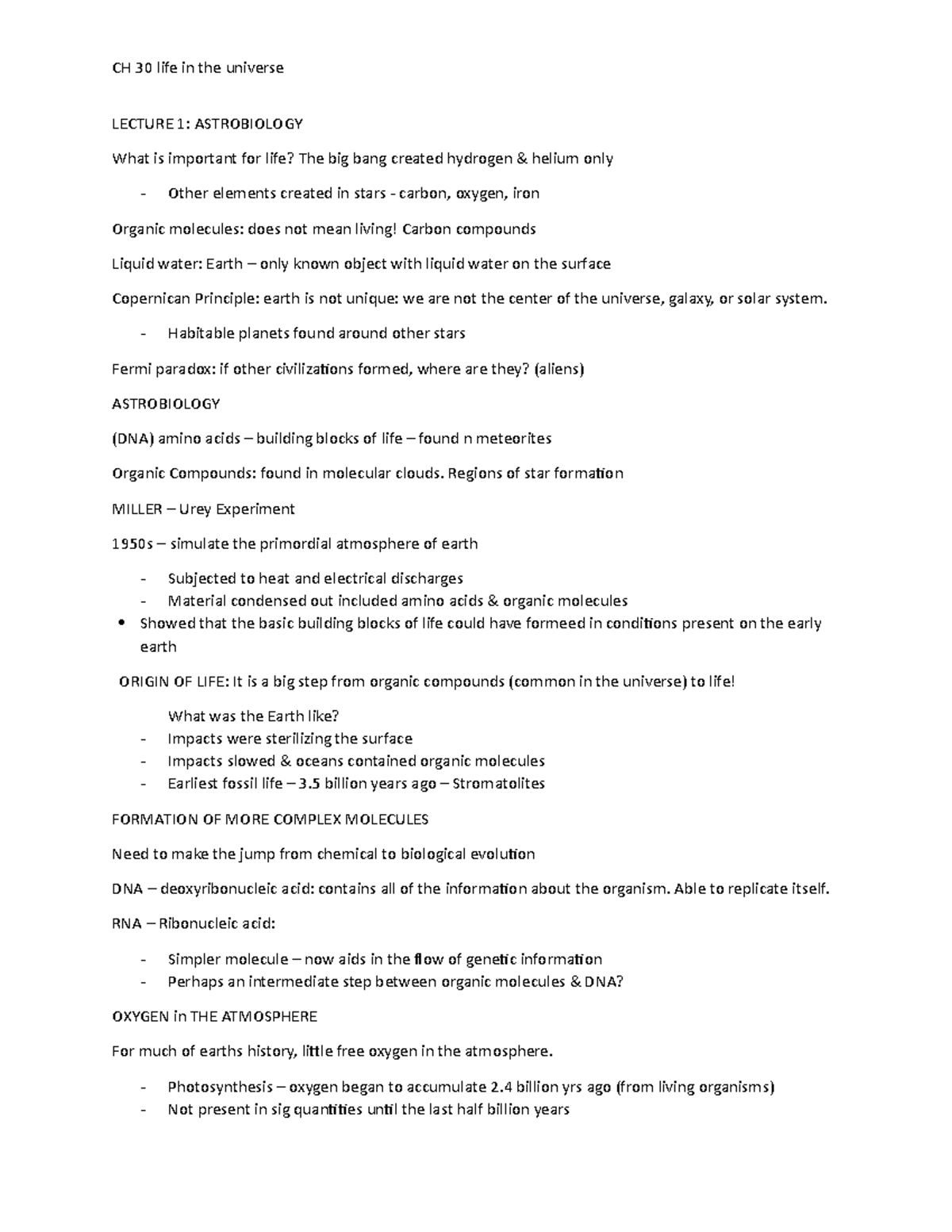 Chapter 30 - Lecture notes 1-3 - LECTURE 1: ASTROBIOLOGY What is ...