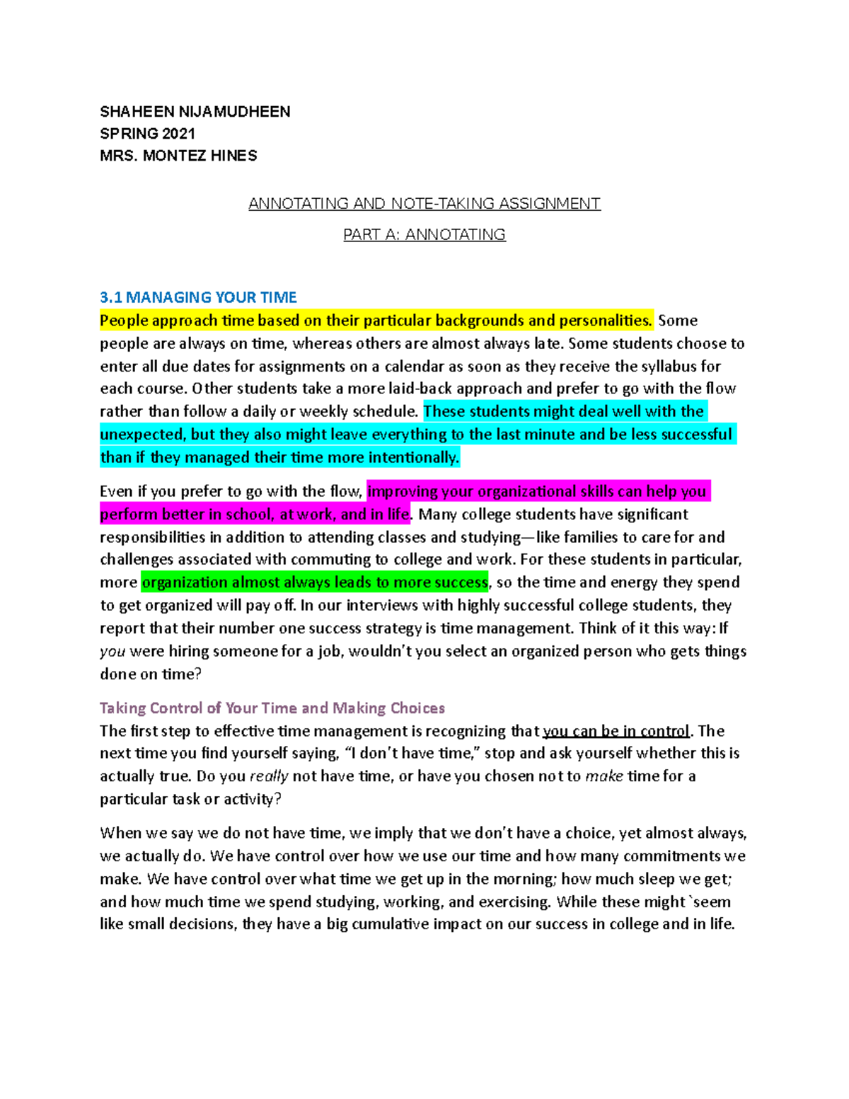 Note taking - Assignment 1. - SHAHEEN NIJAMUDHEEN SPRING 2021 MRS. MONTEZ HINES ANNOTATING AND ...