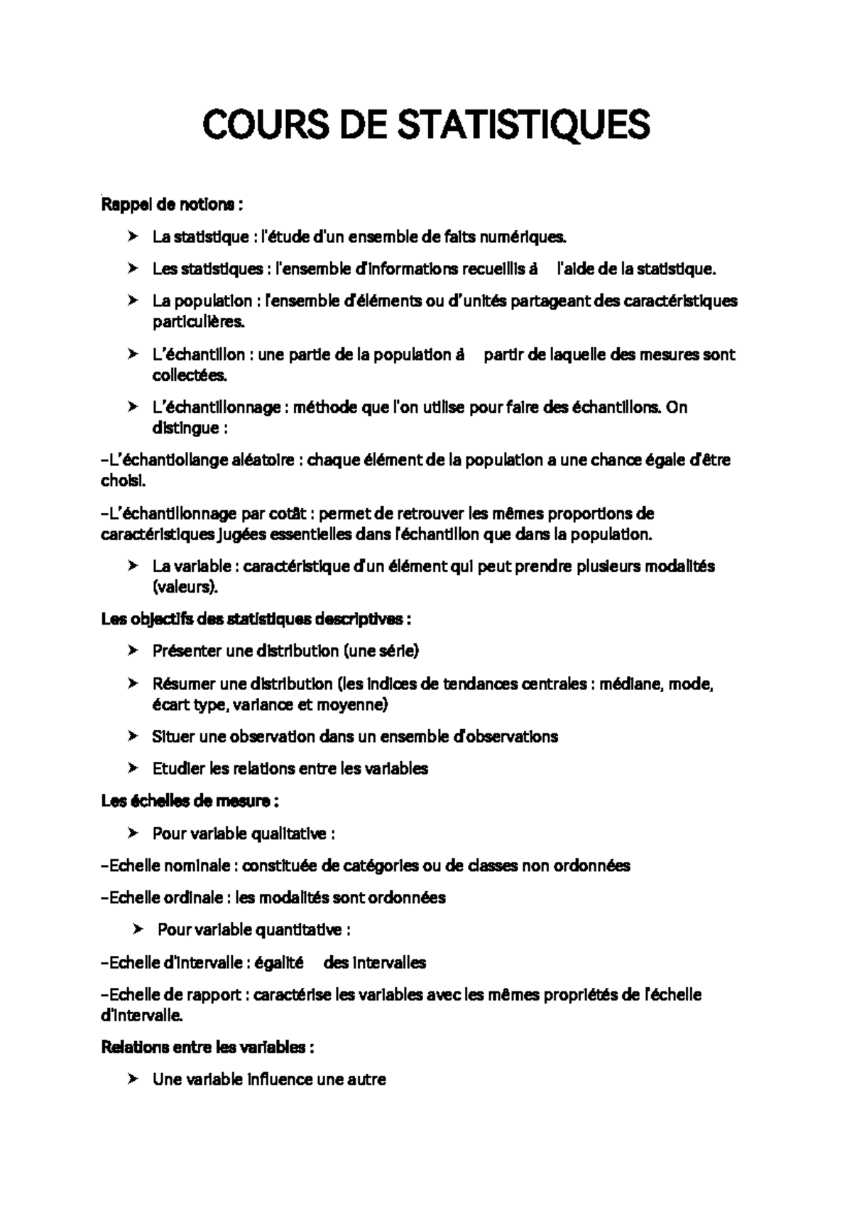 Cours-statistiques - Notes - COURS DE STATISTIQUES Rappel de notions ...