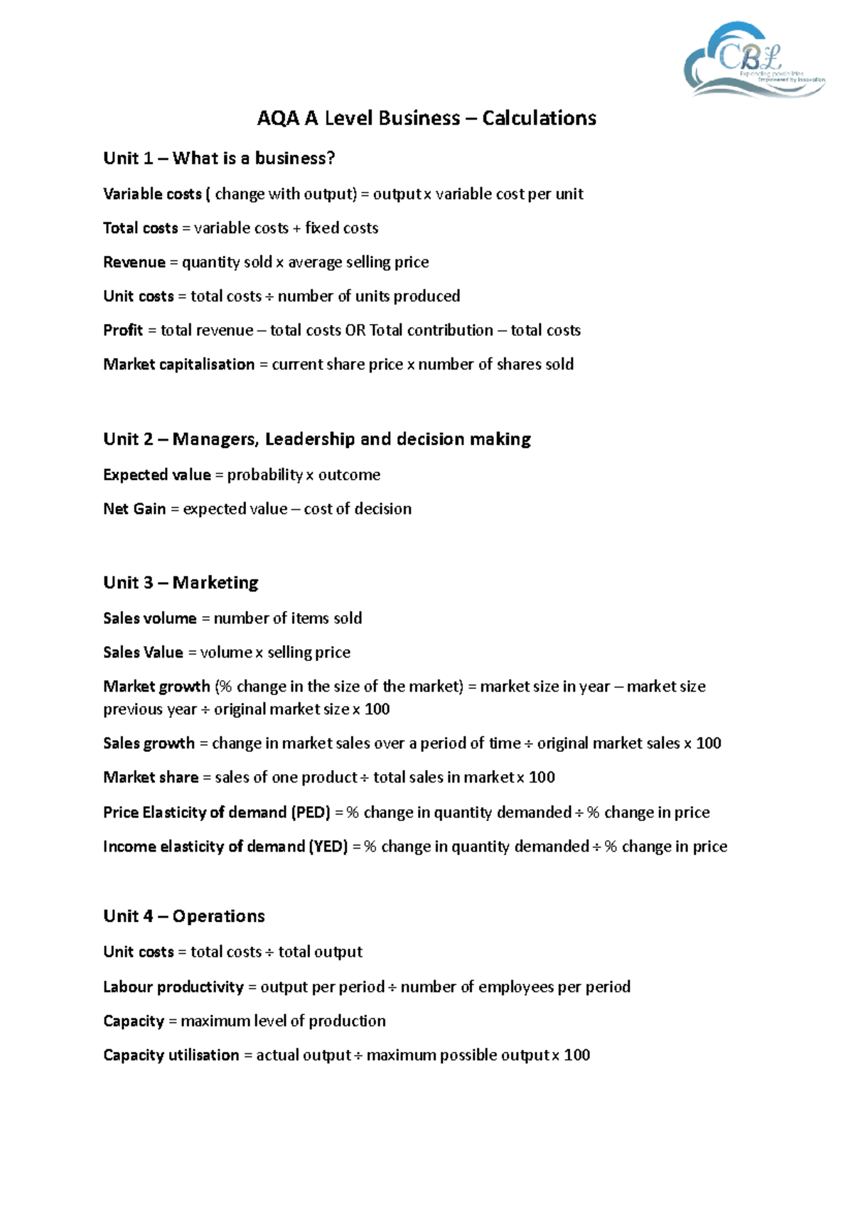 AQA A Level Business knowledge organiser 1 - calculations - AQA A Level ...