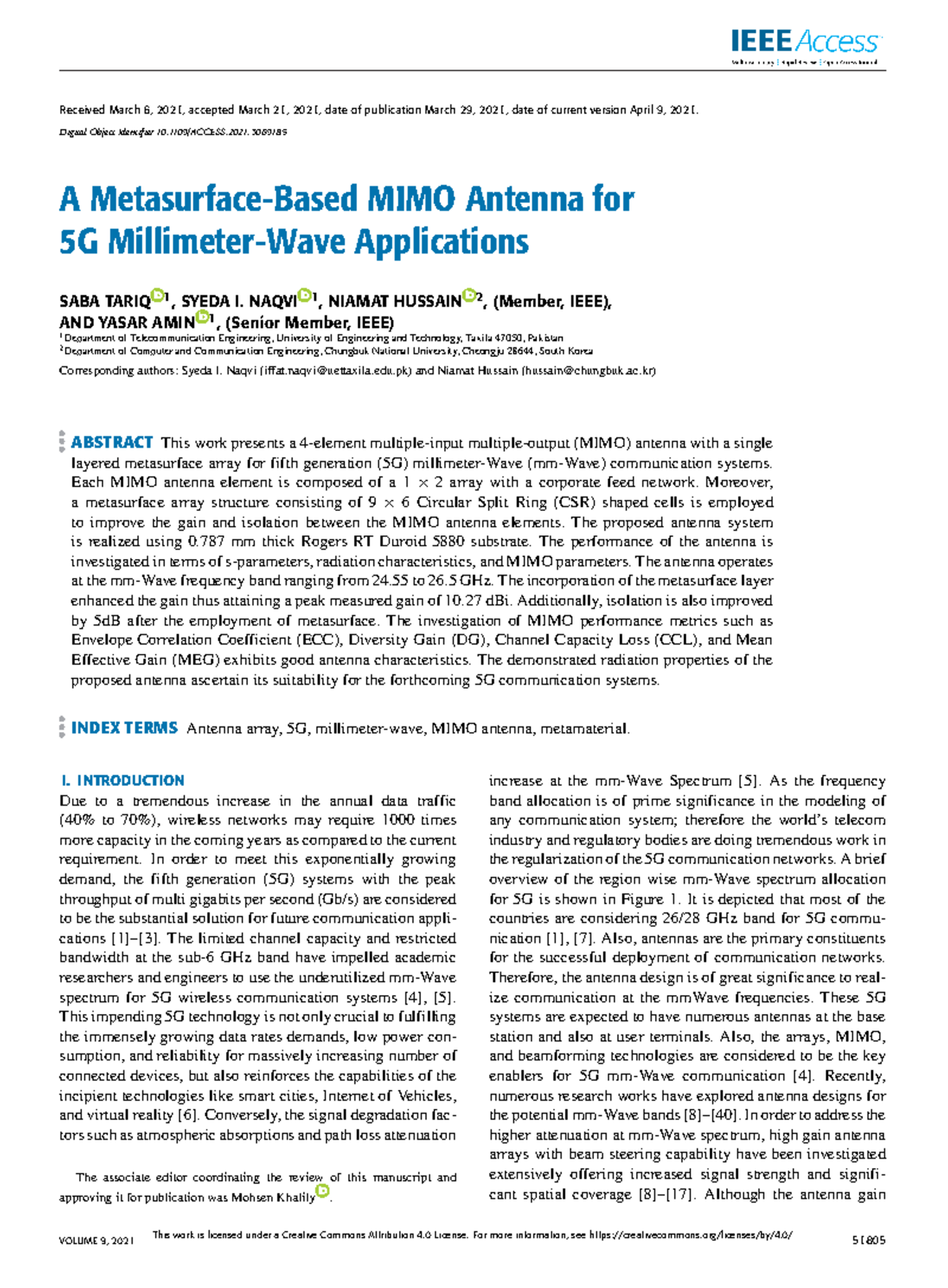 A Metasurface Based Mimo Antenna For 5g Millimeter Wave Applications Received March 6 2021