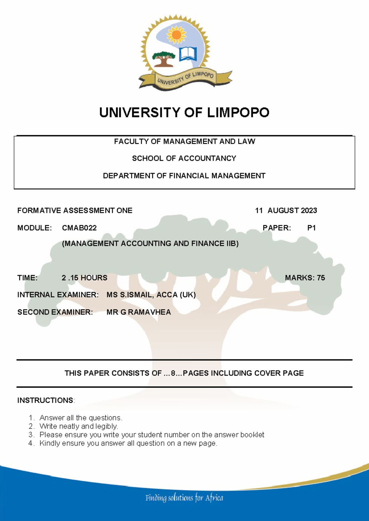 Past question papers - UNIVERSITY OF LIMPOPO FACULTY OF MANAGEMENT AND ...