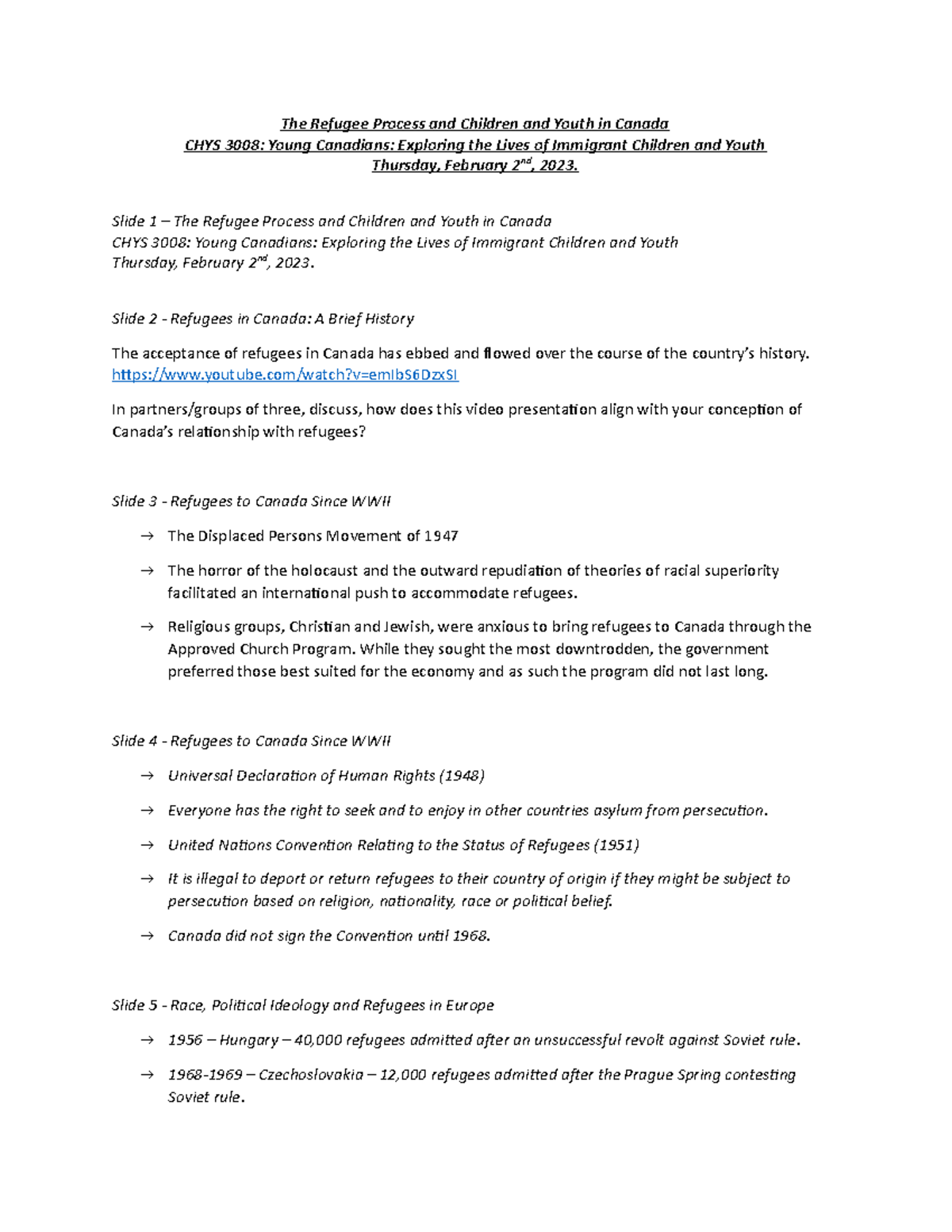 Lecture 04 - The Refugee Process and Children and Youth in Canada - The ...