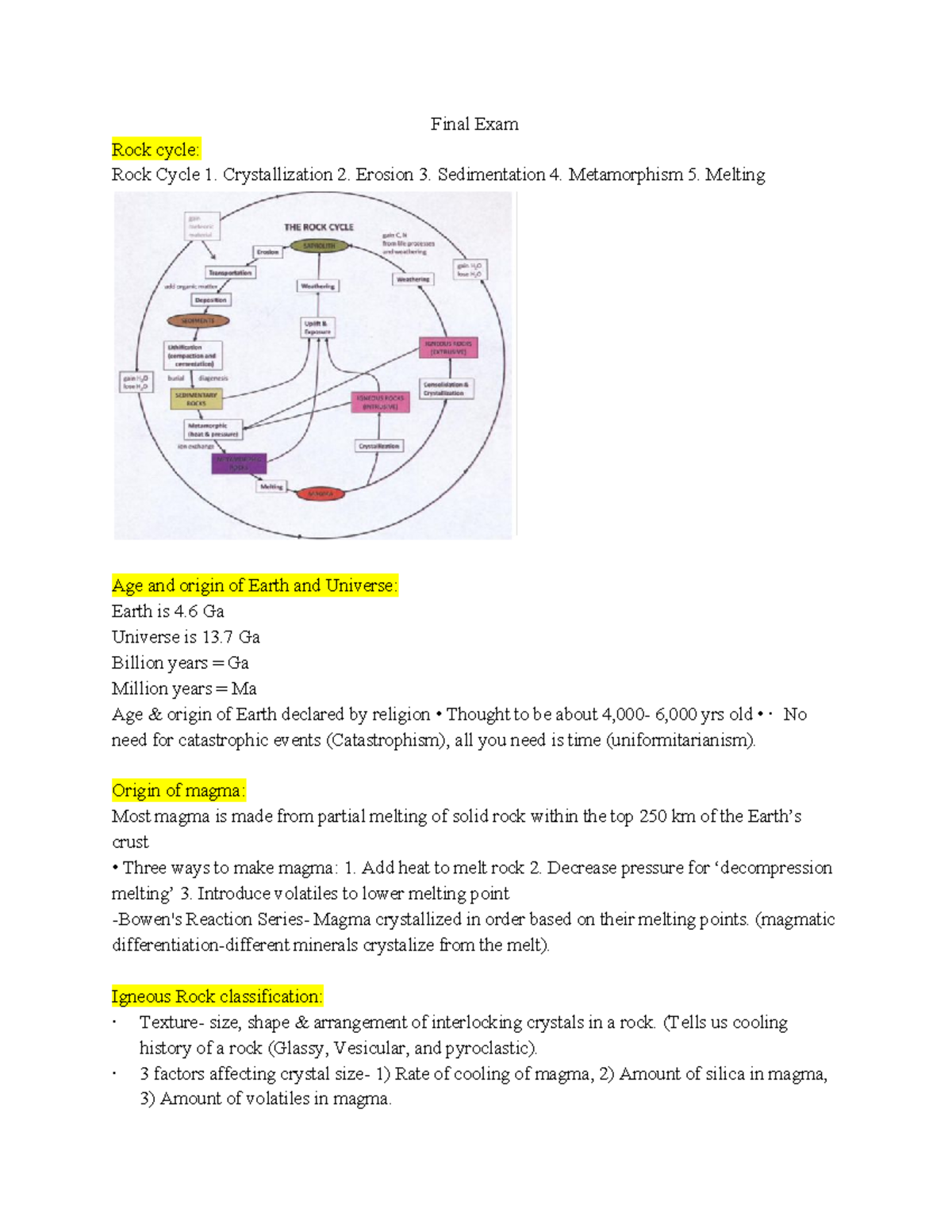 Final exam review - Final Exam Rock cycle: Rock Cycle 1 ...