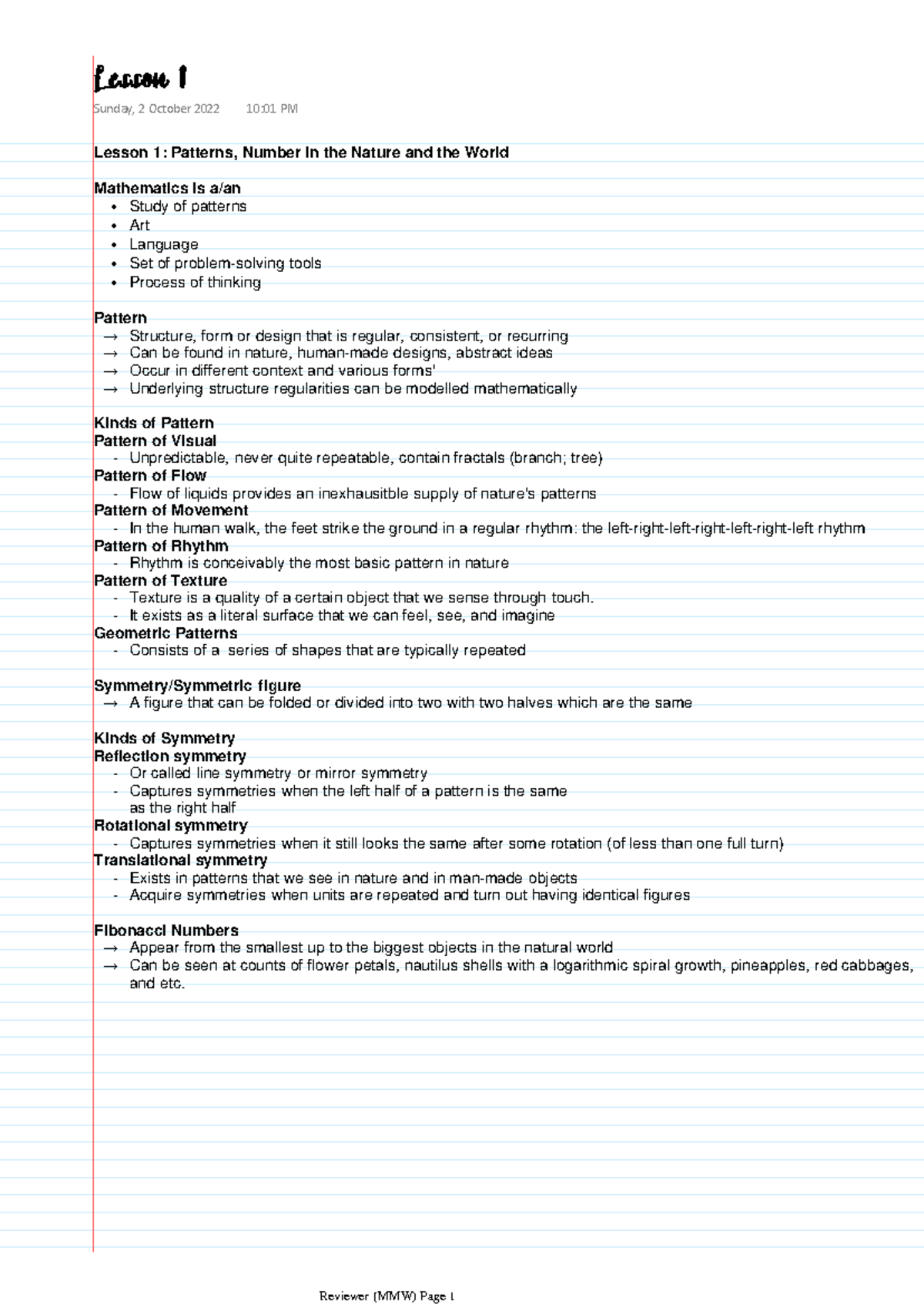 Reviewer in MMW - Lesson 1: Patterns, Number in the Nature and the World Study of patterns Art ...