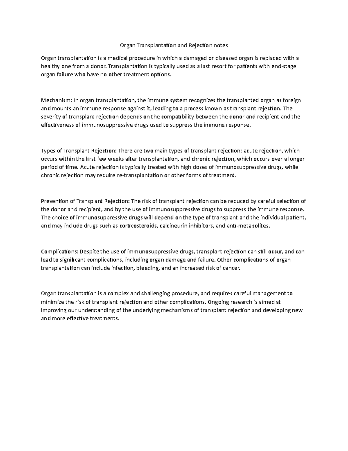 Organ Transplantation and Rejection notes - Transplantation is ...