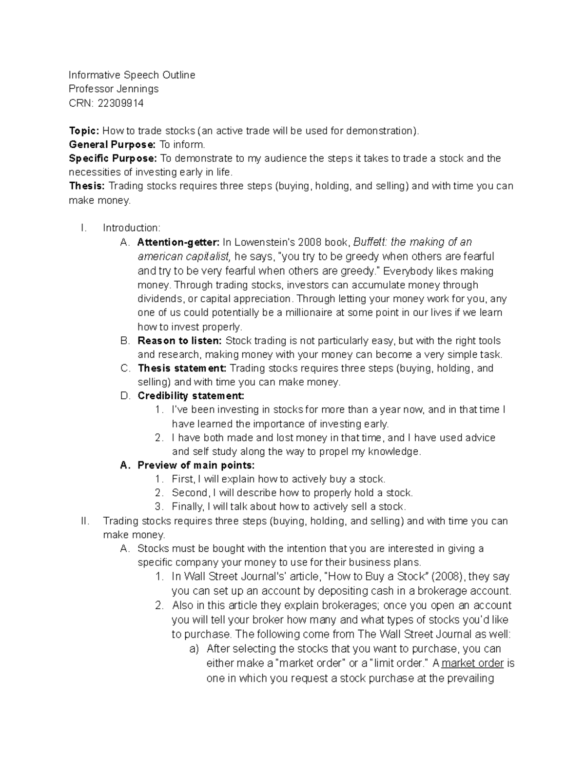 Speech 2Outline - Professor Jennings - Informative Speech Outline ...