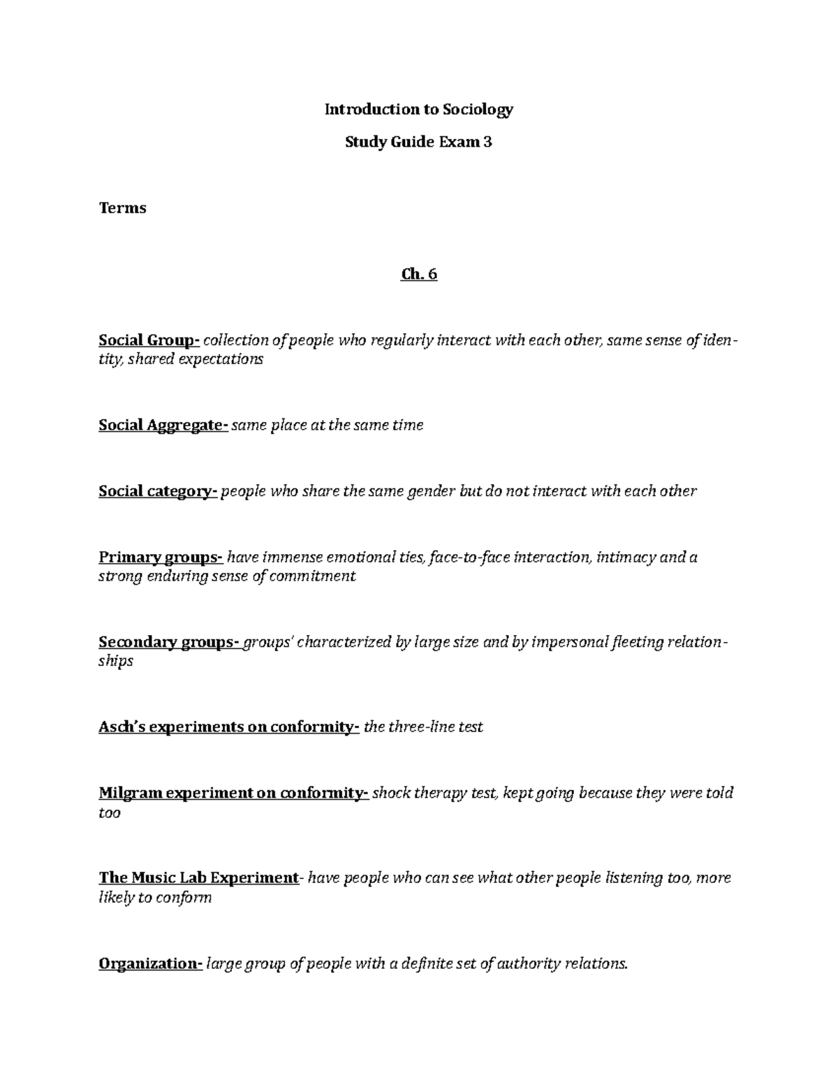 Sociology Exam 3 Study Guide-4 - Introduction to Sociology Study Guide ...