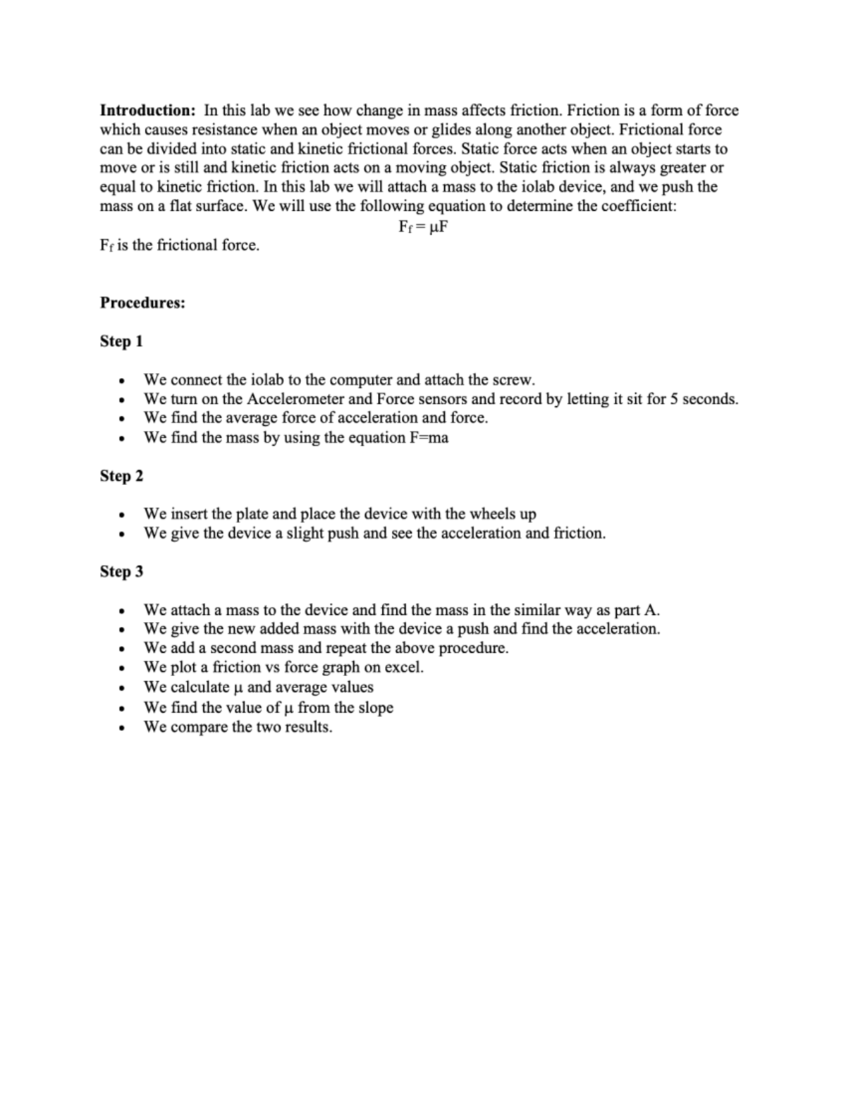 Document 1 - Lab 3 - physics lab - Introduction: In this lab we see how change in mass affects ...