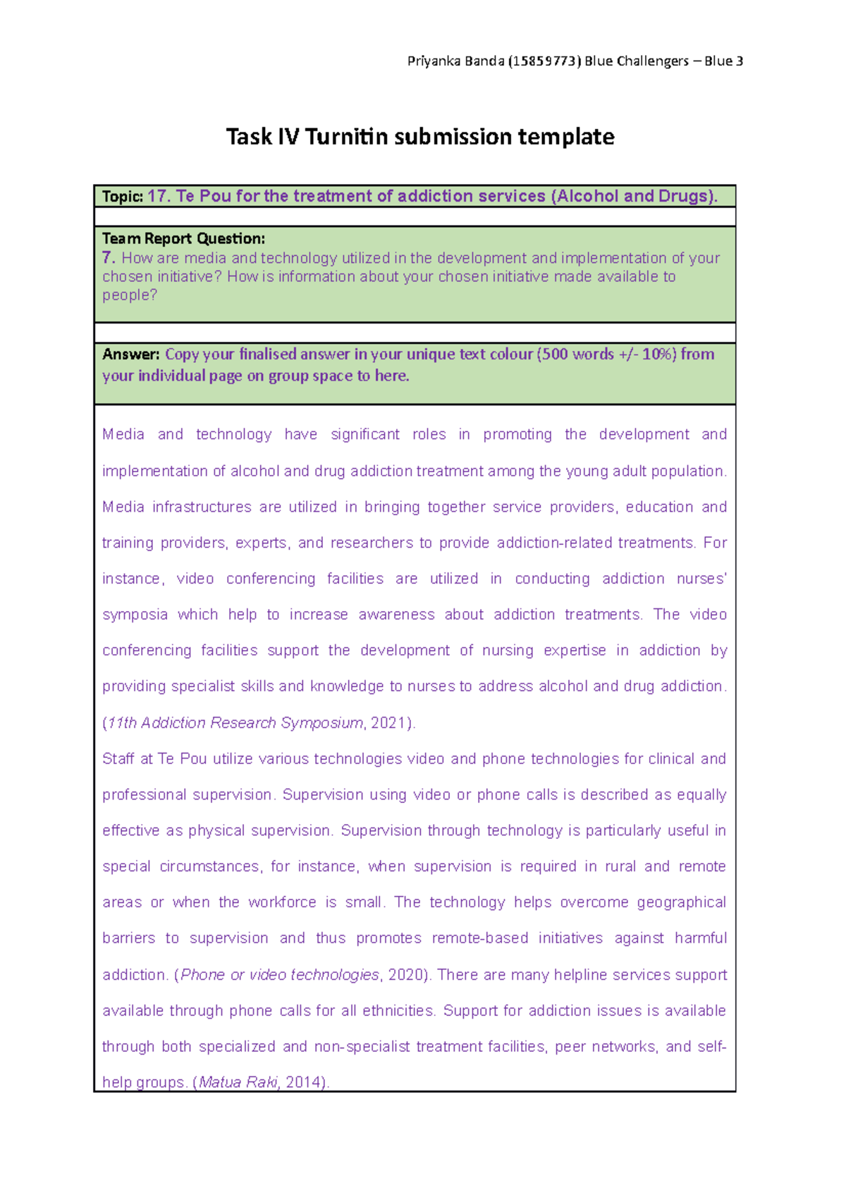 Task IV Turnitin submission template with answer - Priyanka Banda (15859773) Blue Challengers ...