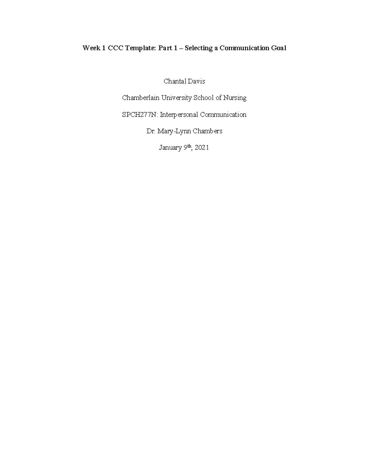SPCH277N Week 1 Assignment - Week 1 CCC Template: Part 1 – Selecting a ...