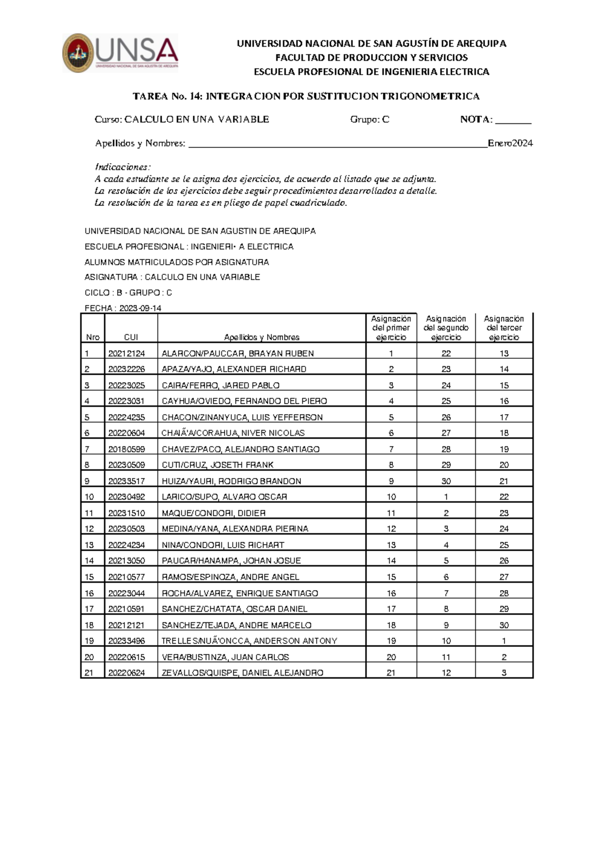 6. Tarea No. 14 Sustitucion Trigonometrica. Electrica - UNIVERSIDAD NACIONAL DE SAN AGUSTÍN DE ...