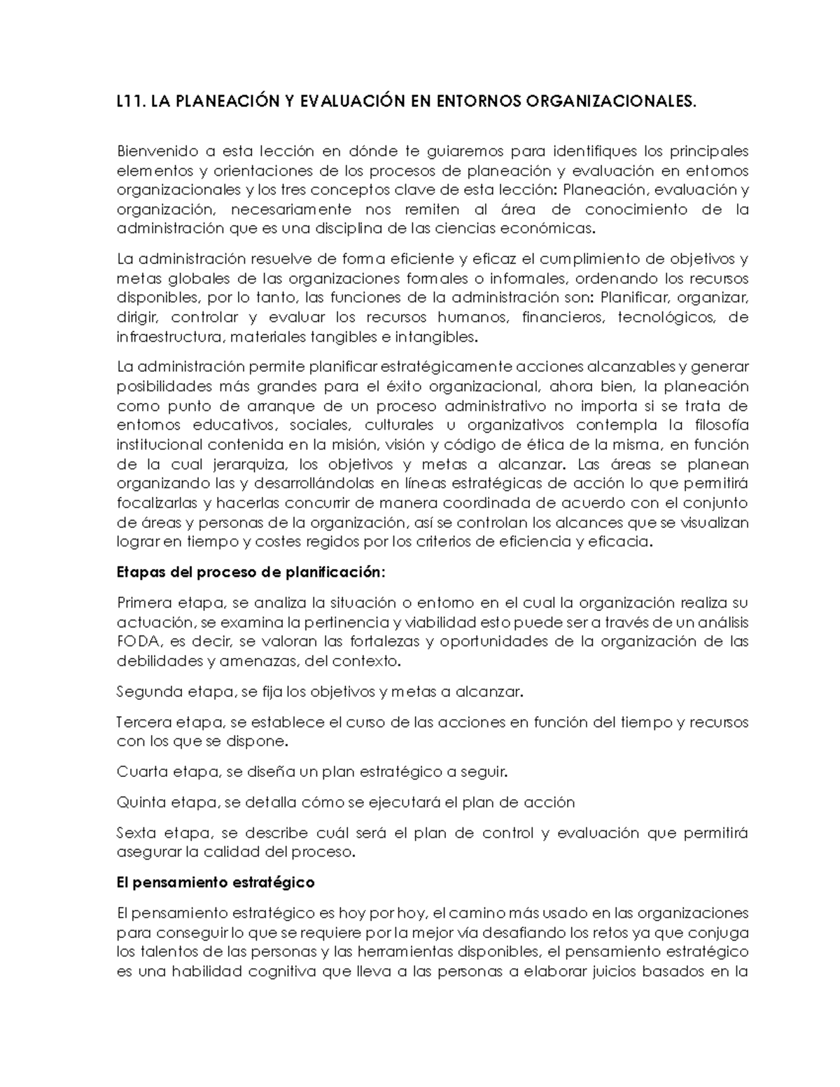 L11. LA Planeación Y Evaluación EN Entornos Organizacionales - L11. LA PLANEACIÓN Y EVALUACIÓN ...
